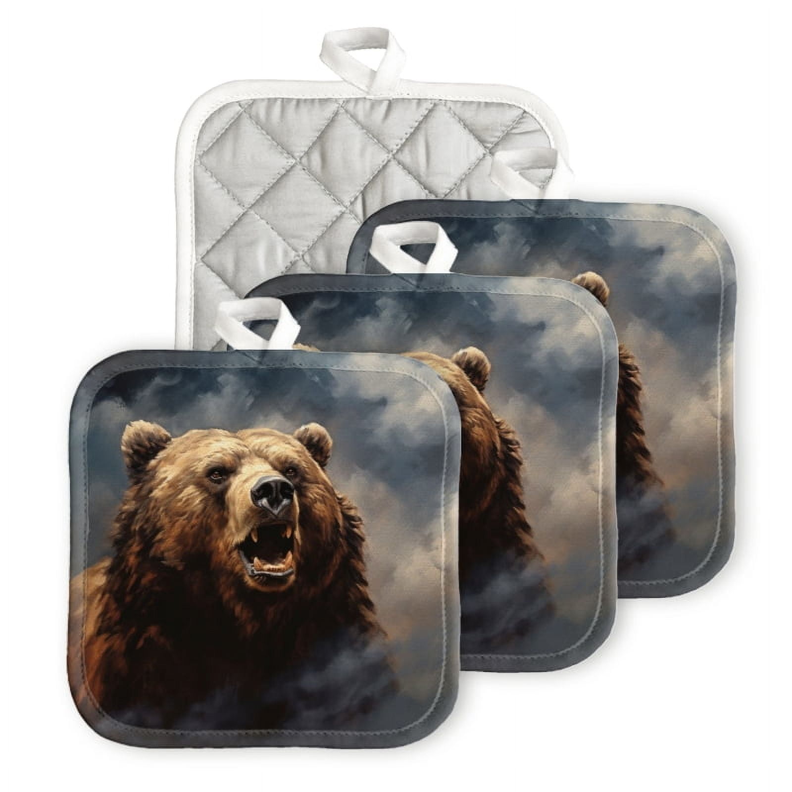Bahomeck Pot Holder 4Pcs,Fierce Grizzly Bear Roaring In The Sky ...