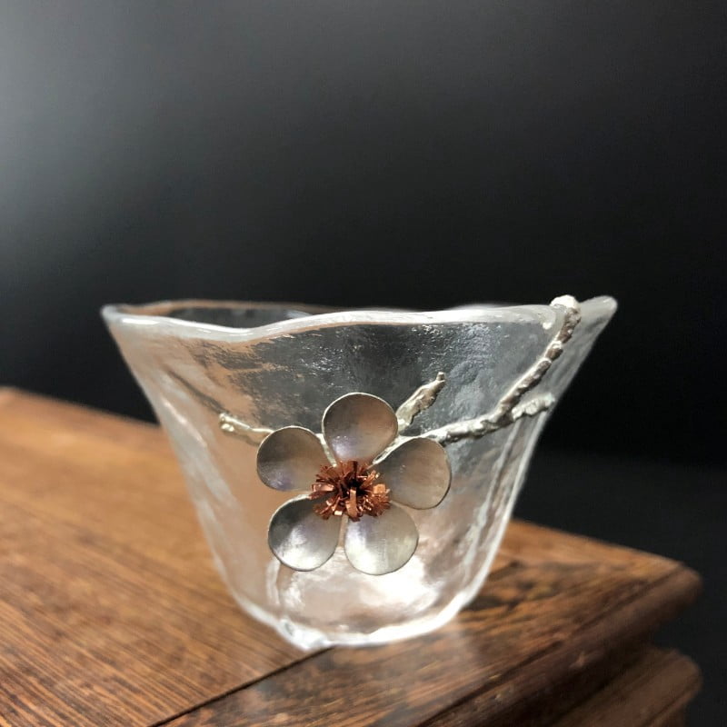 Heat Resistant Tea Cup with Coaster Tin Plum Flower Tea CupTransparent ...