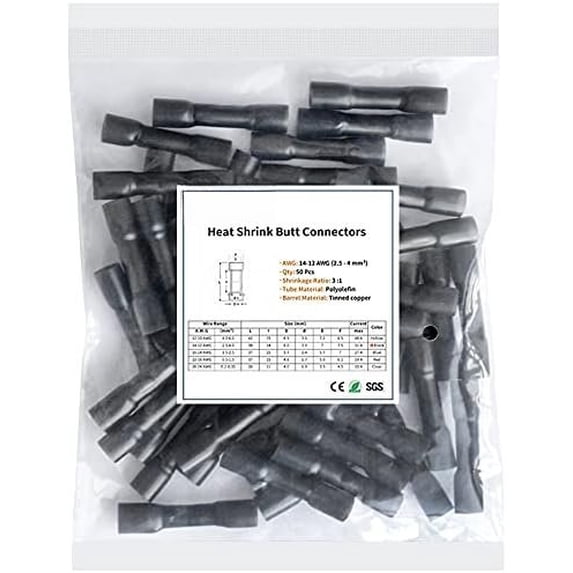 Heat Shrink Connectors, 50 count 14-12 AWG Black Marine Grade Insulated ...