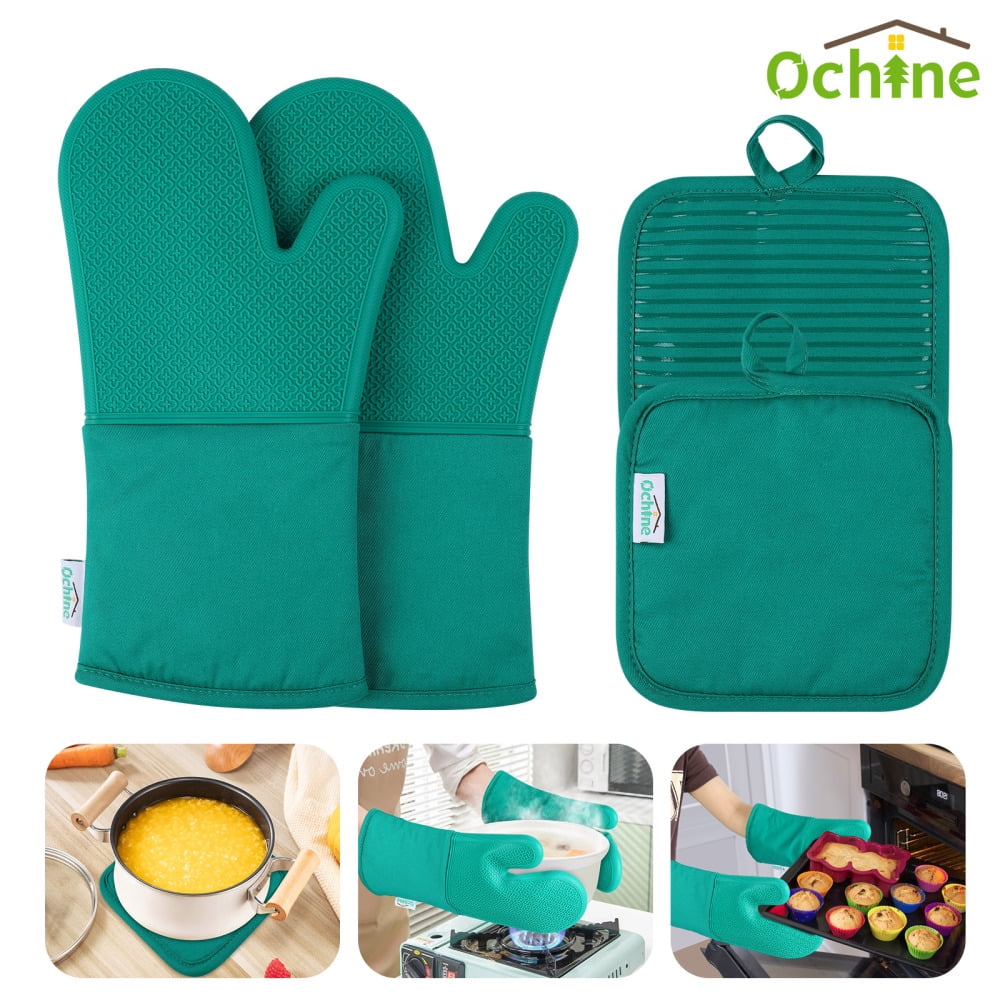 Heat and Slip Resistant Silicone Oven Mitt and Trivets Set, Waterproof ...