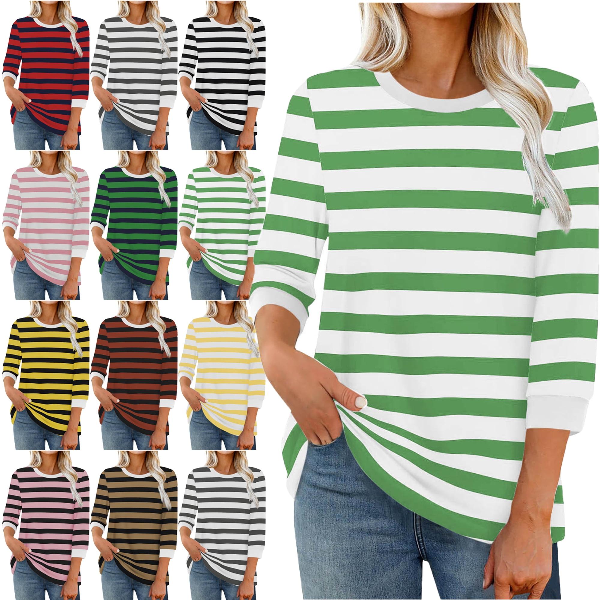 Heat Style Womens 3/4 Length Sleeve Tops Dressy Casual Shirts Stripe ...