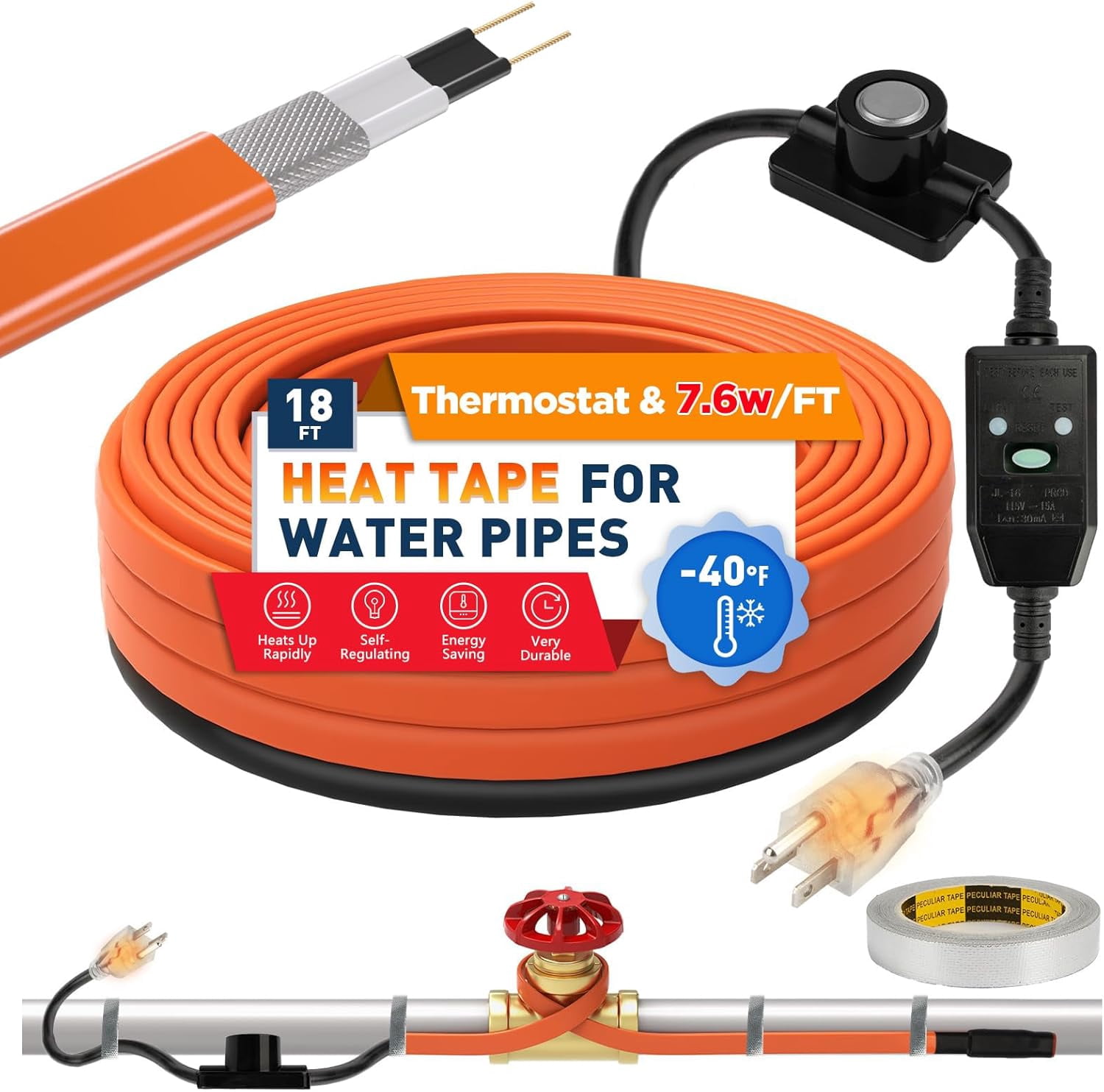 Heat Tape for Water Pipes, UL & ETL Certified 18 FT Self-Regulating ...