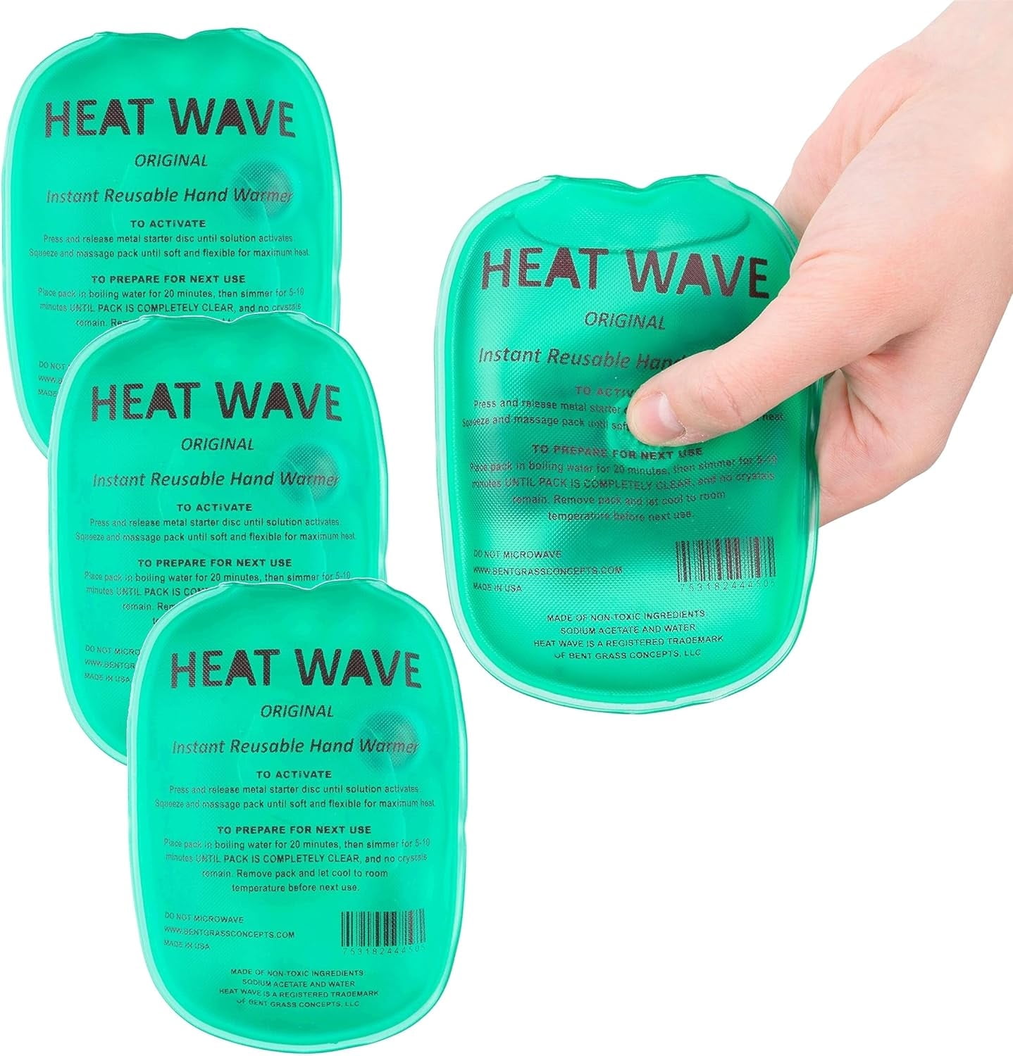 Heat Wave Instant Reusable Hand Warmer 3"x5" Green 4-Pack, Click Heat ...