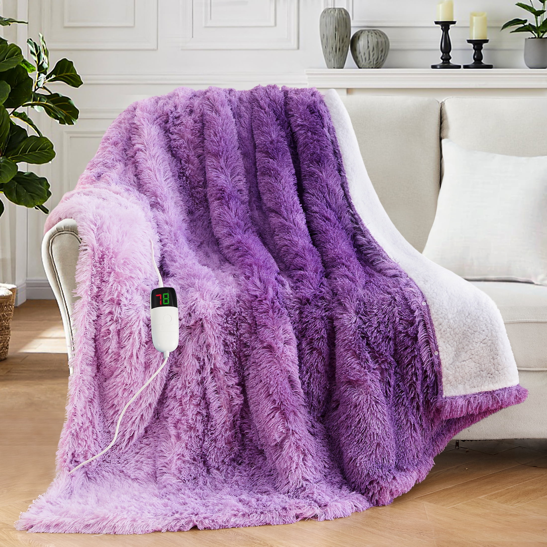 Heated Blanket, Electric Heated Blanket with Fleece Sherpa & Faux Fur ...