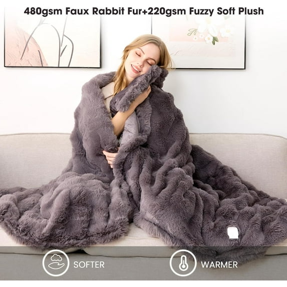 Heated Blanket Electric Throw - Soft Cozy Faux Fur Bubble Electric ...