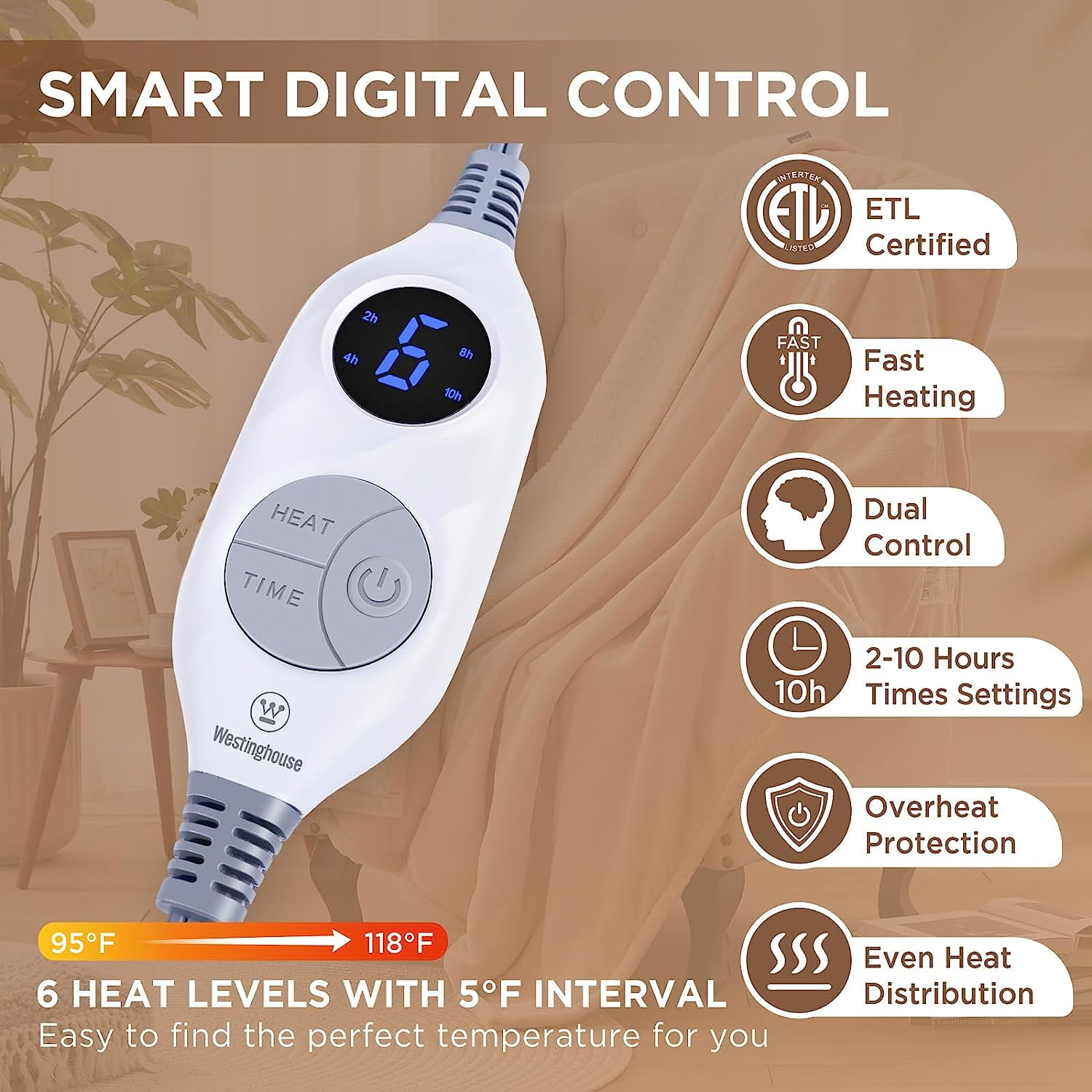 Heated Blanket Throw, Electric Throw with 6 Heating Levels, 2-10 Hours ...