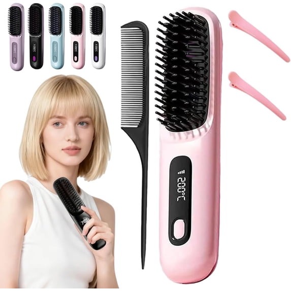 Heated Brush for Short Hair,3 Heat Settings & Led Screen, Cordless Anti ...