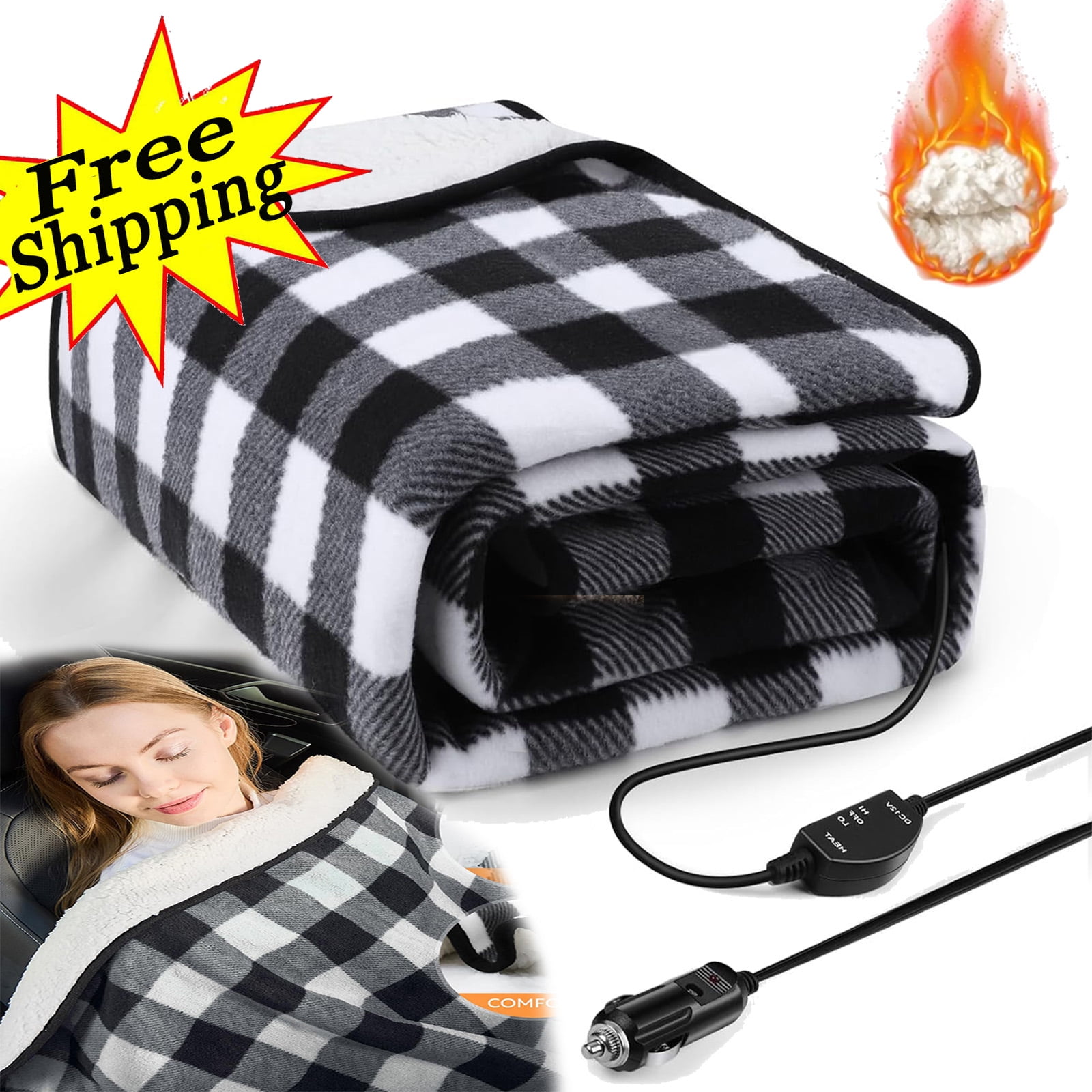 Heated Car Blanket - 12/24 Volt Electric Blanket for car, Portable ...