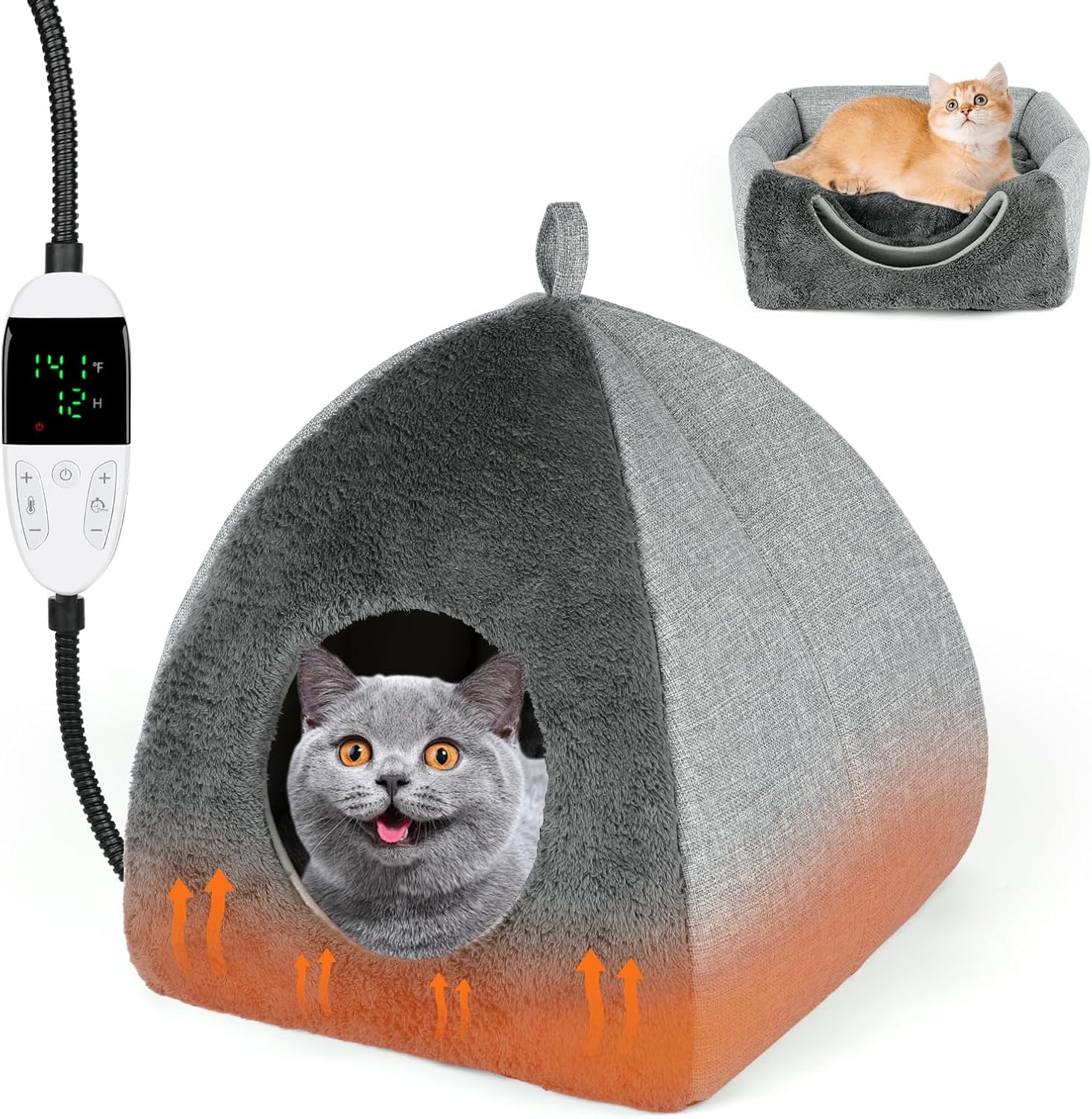 Heated Cat Bed Cave, Adjustable Temperature Heated Pet Bed Indoor with ...