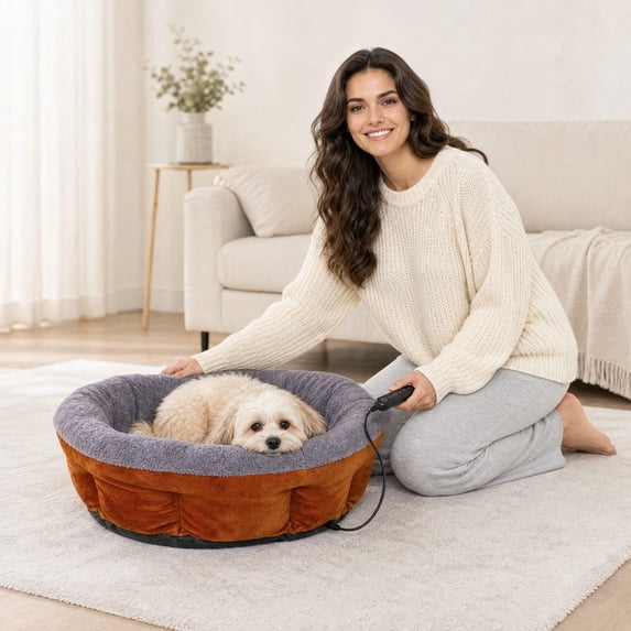 Heated Cat Bed, Coffee Brown, Warm Covered Pet House for Indoor Cats ...