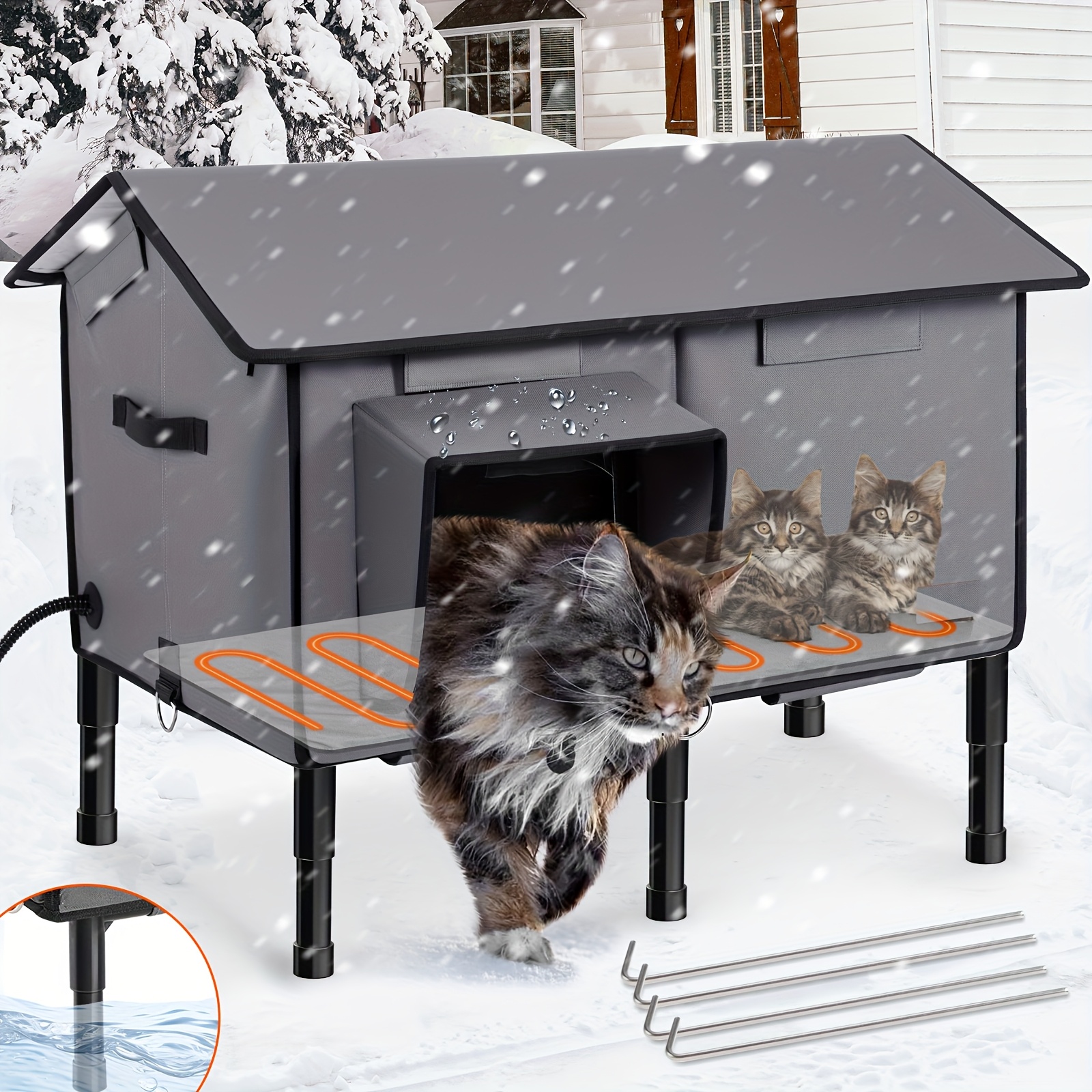 Heated Cat House for Outdoor Cats, Dual-Pitched Roof, Safe Escape Door ...