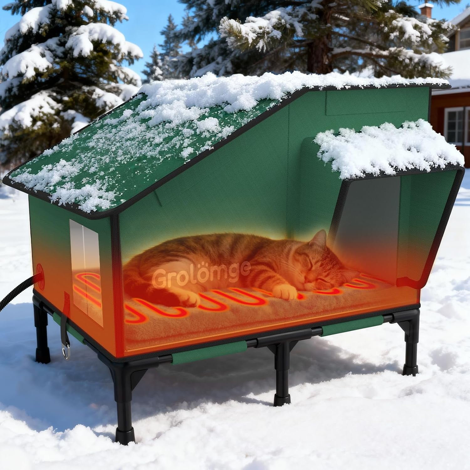 Heated Cat House for Outside, Elevated Cat Shelter with Heating Pad ...