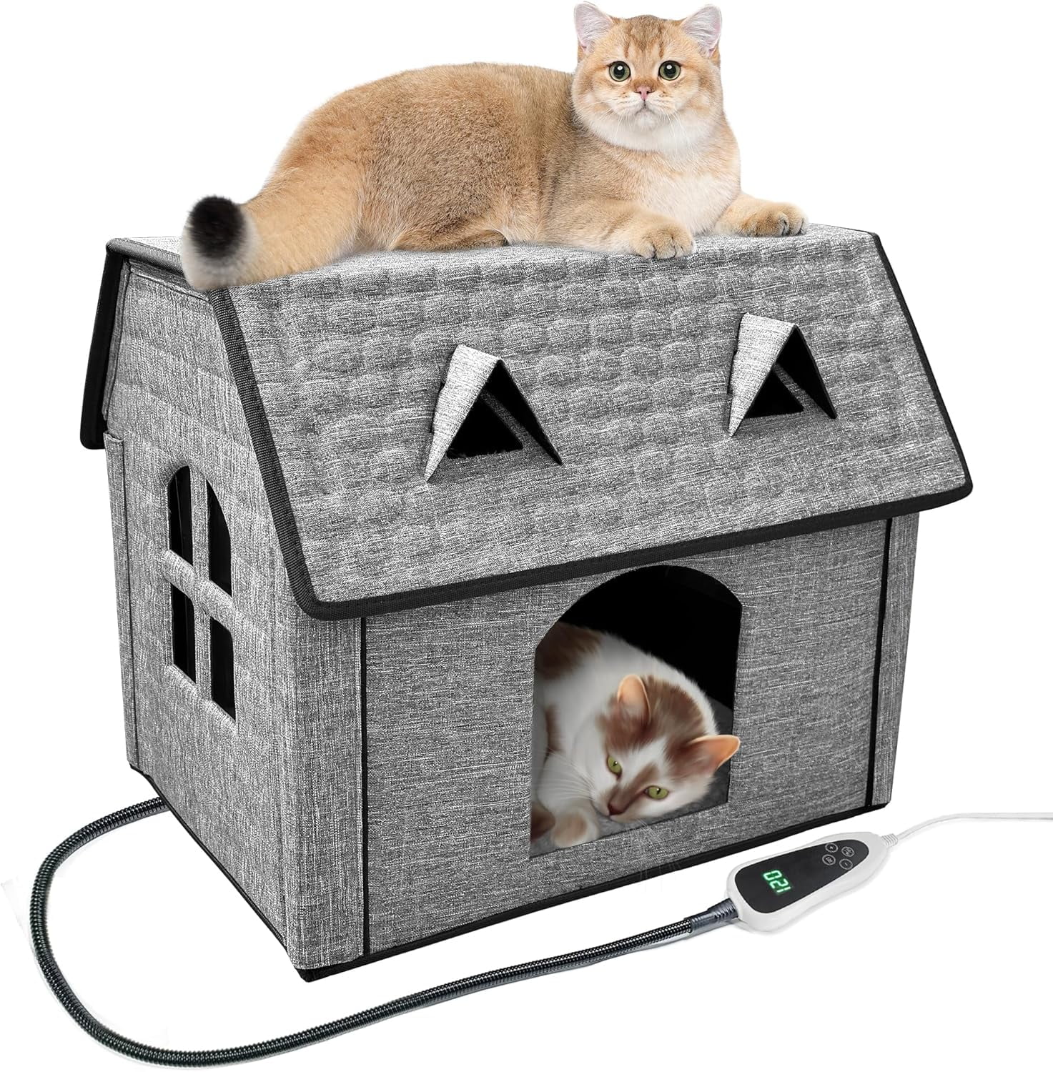 Heated Cat House with Pet Heating Pads, Intelligent Thermostat Cotroller, Cat Heating Shelter ...