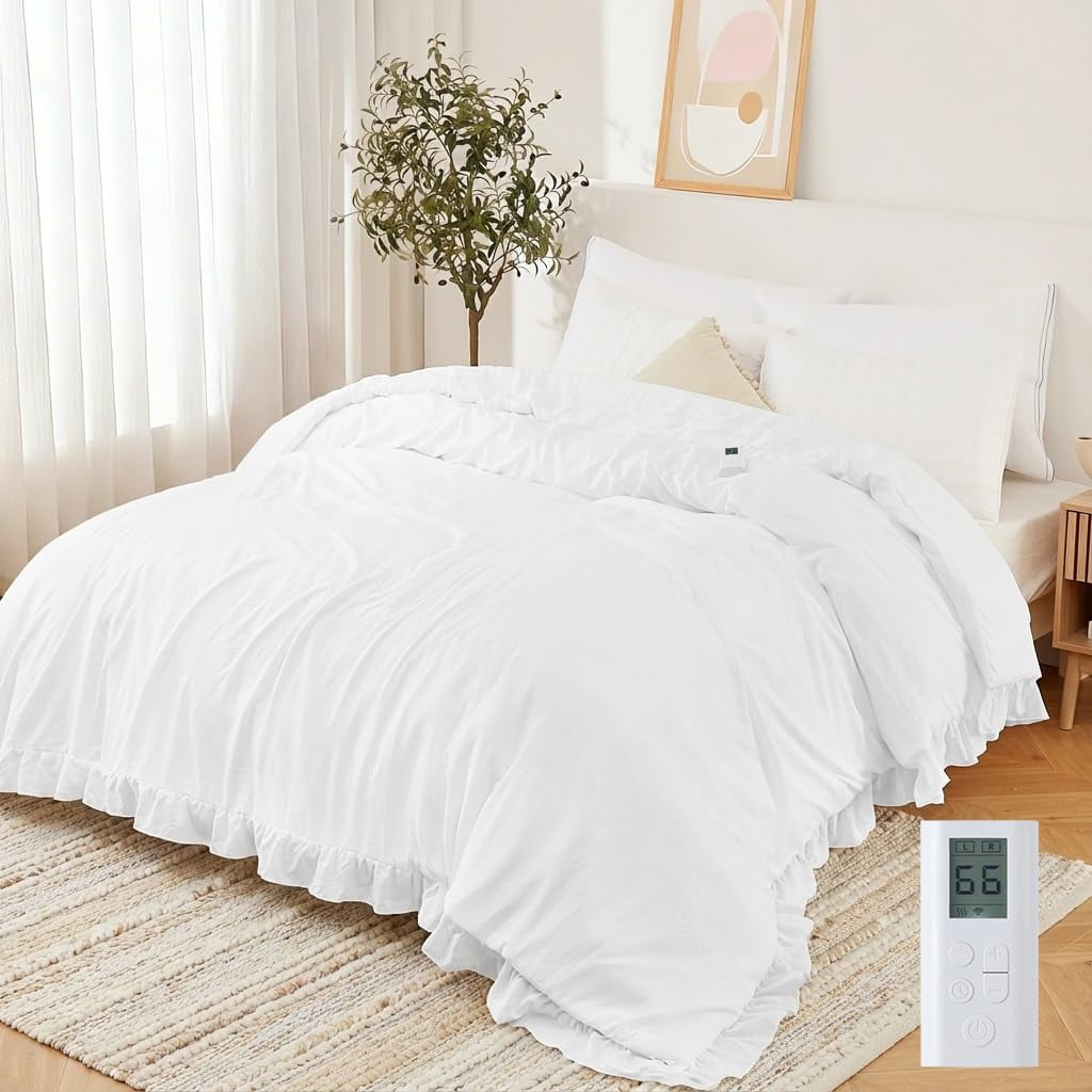 Heated Comforter Blanket Queen Size, Ruffle Electric Quilt with ...