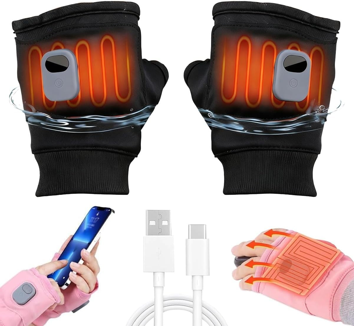 Heated Fingerless Gloves for Typing, Waterproof Portable Hand Warmers ...