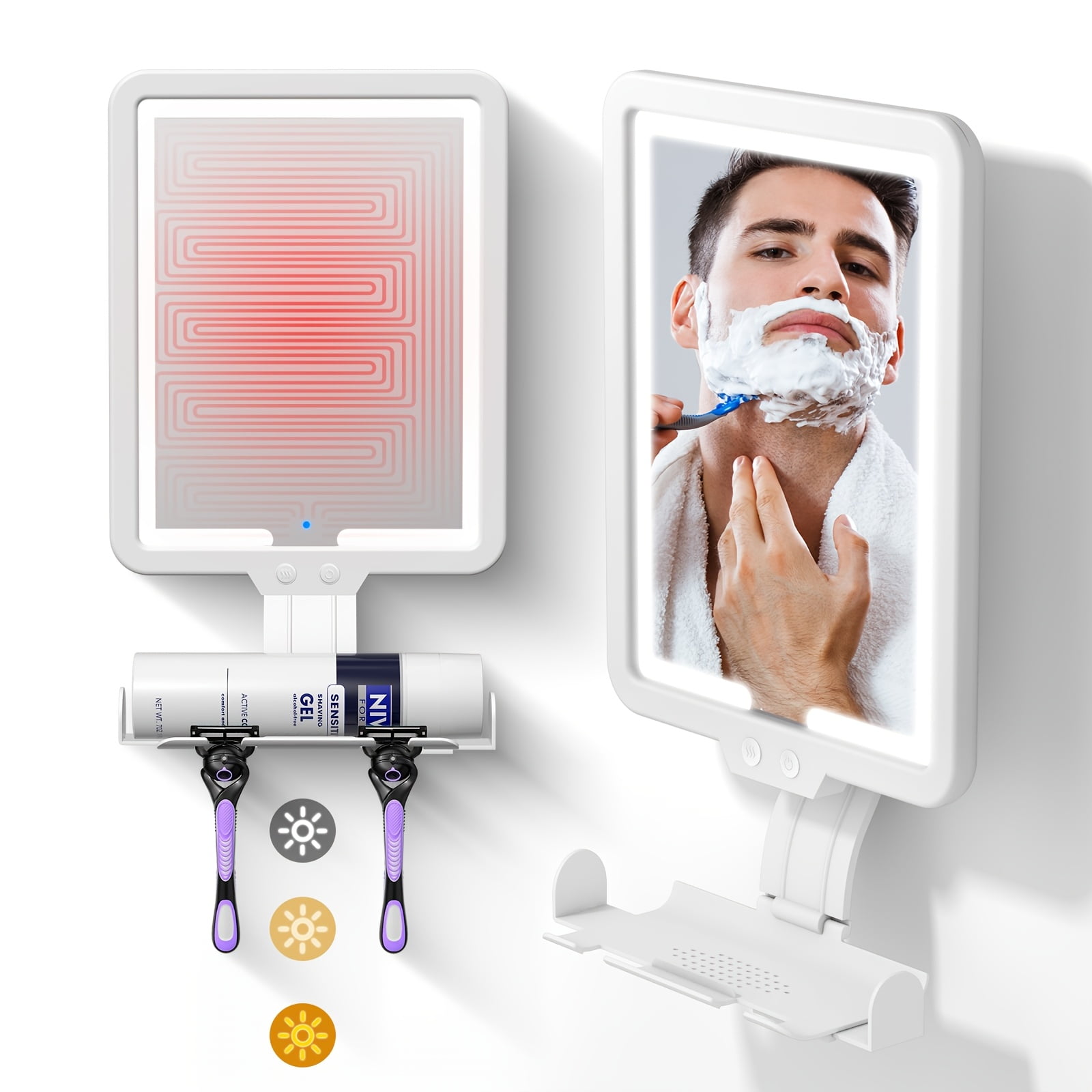 Heated Fog-Free Shower Mirror, LED Light with Shaving Base & Razor ...