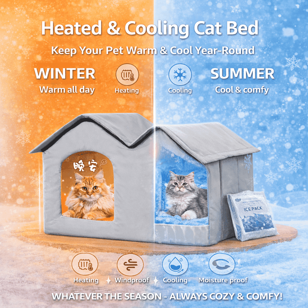 2-in-1 Heating & Cooling Pet House: Foldable 3-Size Cat/Dog Bed with ...