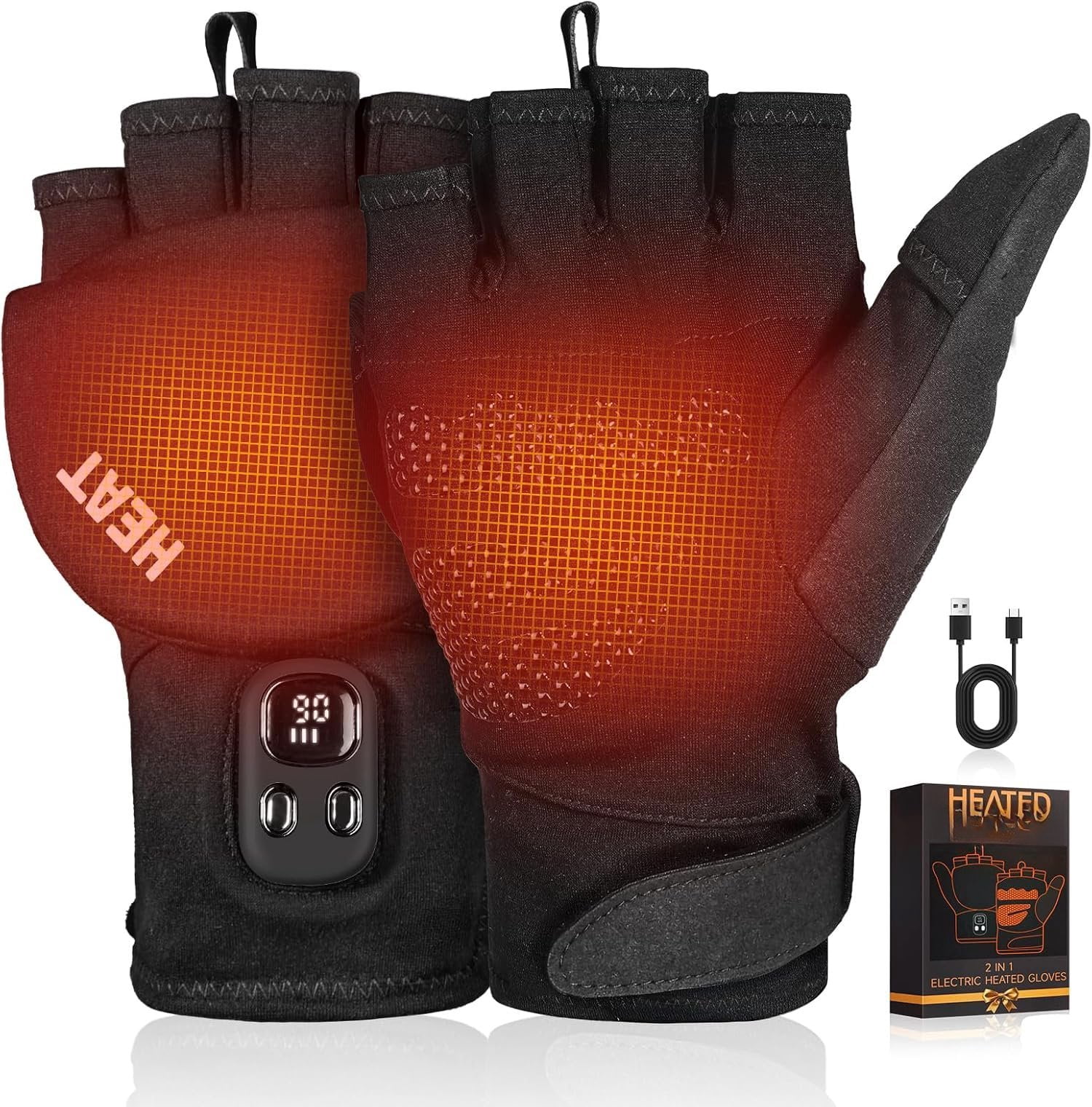 Heated Gloves for Men Women - 2 in 1 Full & Half Finger Design, Heated ...