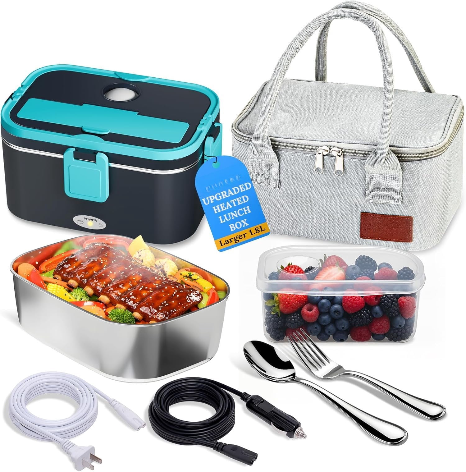 Heated Lunch Box, 80W Lunch Box for , Portable Warmer with XL 1.8L Stainless Container, Utensils ...
