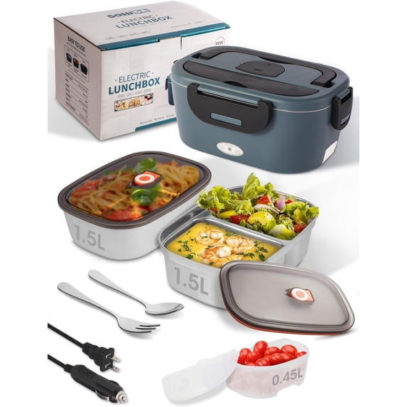 Heated Lunch Box, 80W Lunch Box with Two 1.5L Stainless Interchangeable ...