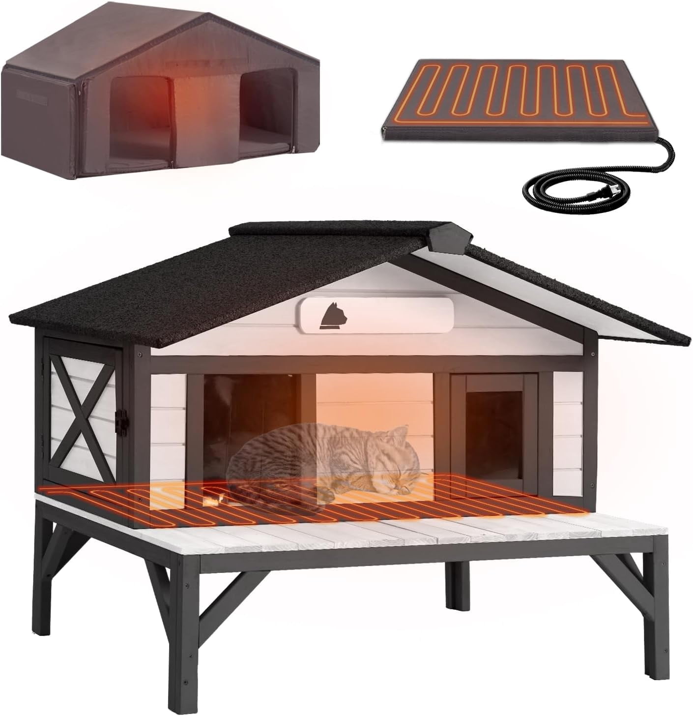 Heated Outdoor Cat House - Heavy-Duty Triple-Layer Weatherproof Shelter ...