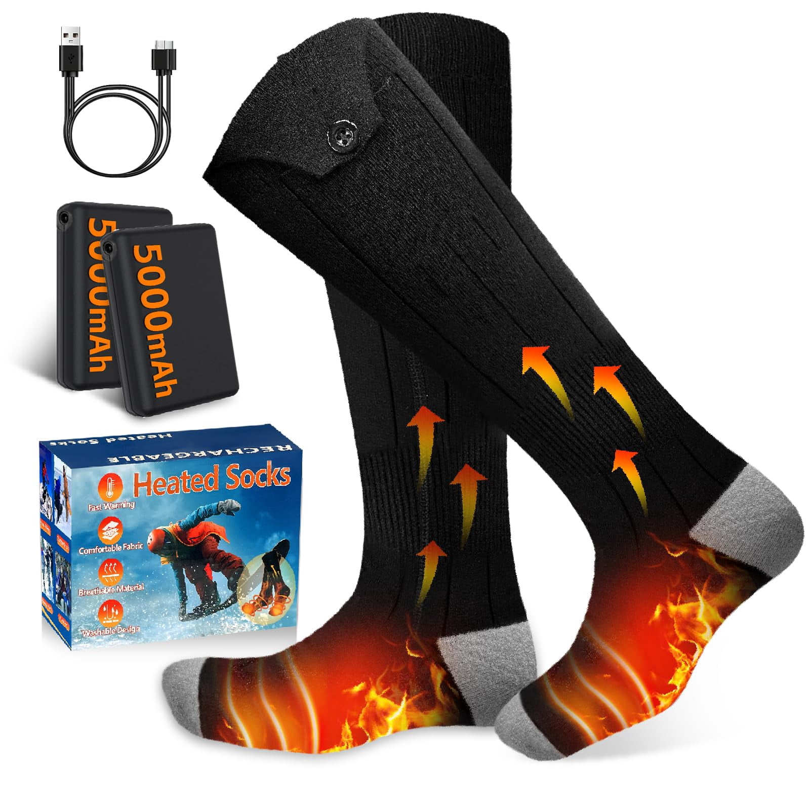 Heated Socks for Men - 5V5000mAh Rechargeable Battery Heat Up to 9 ...