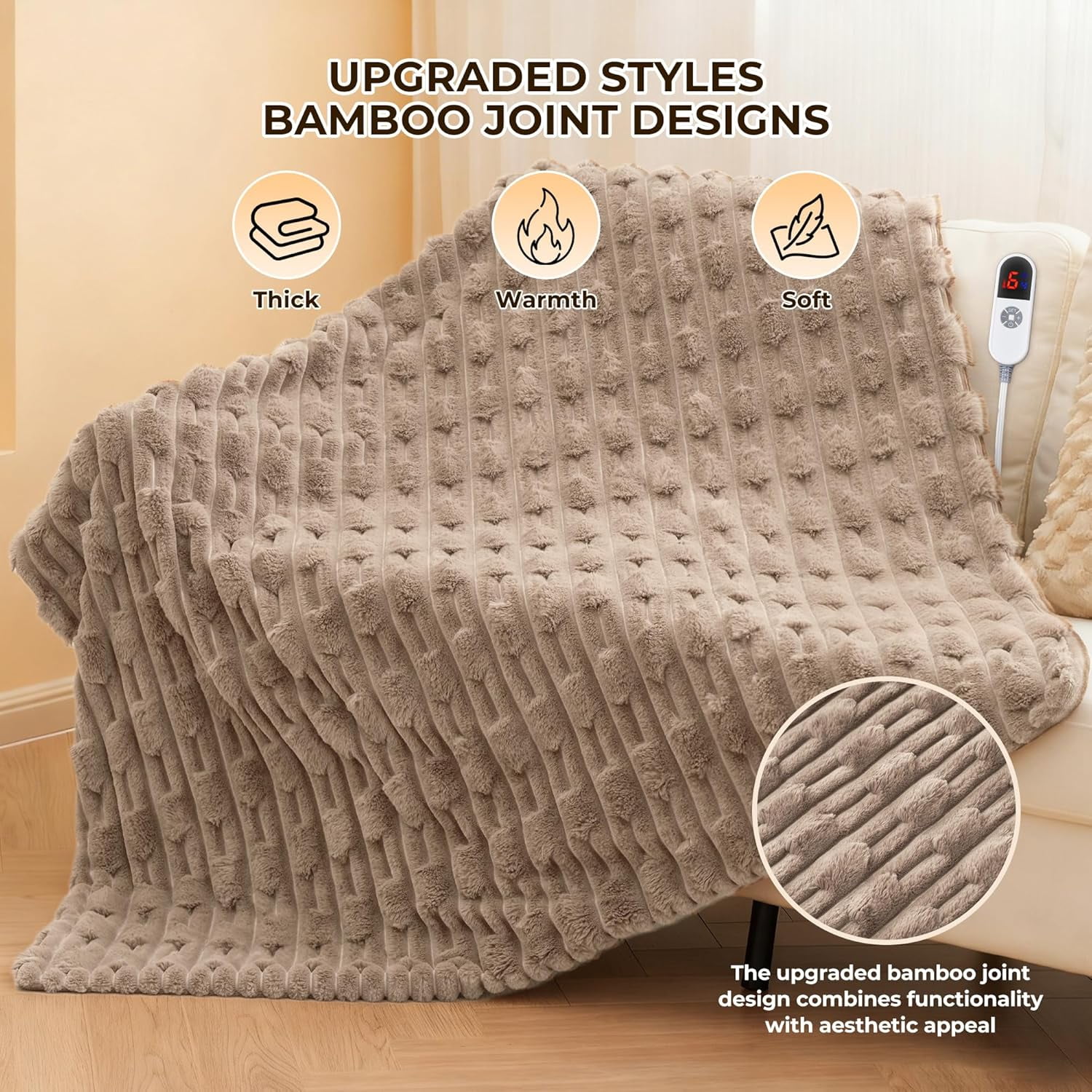 Heated Throw Blanket 50"x60", Electric Blanket with Bamboo Pattern ...