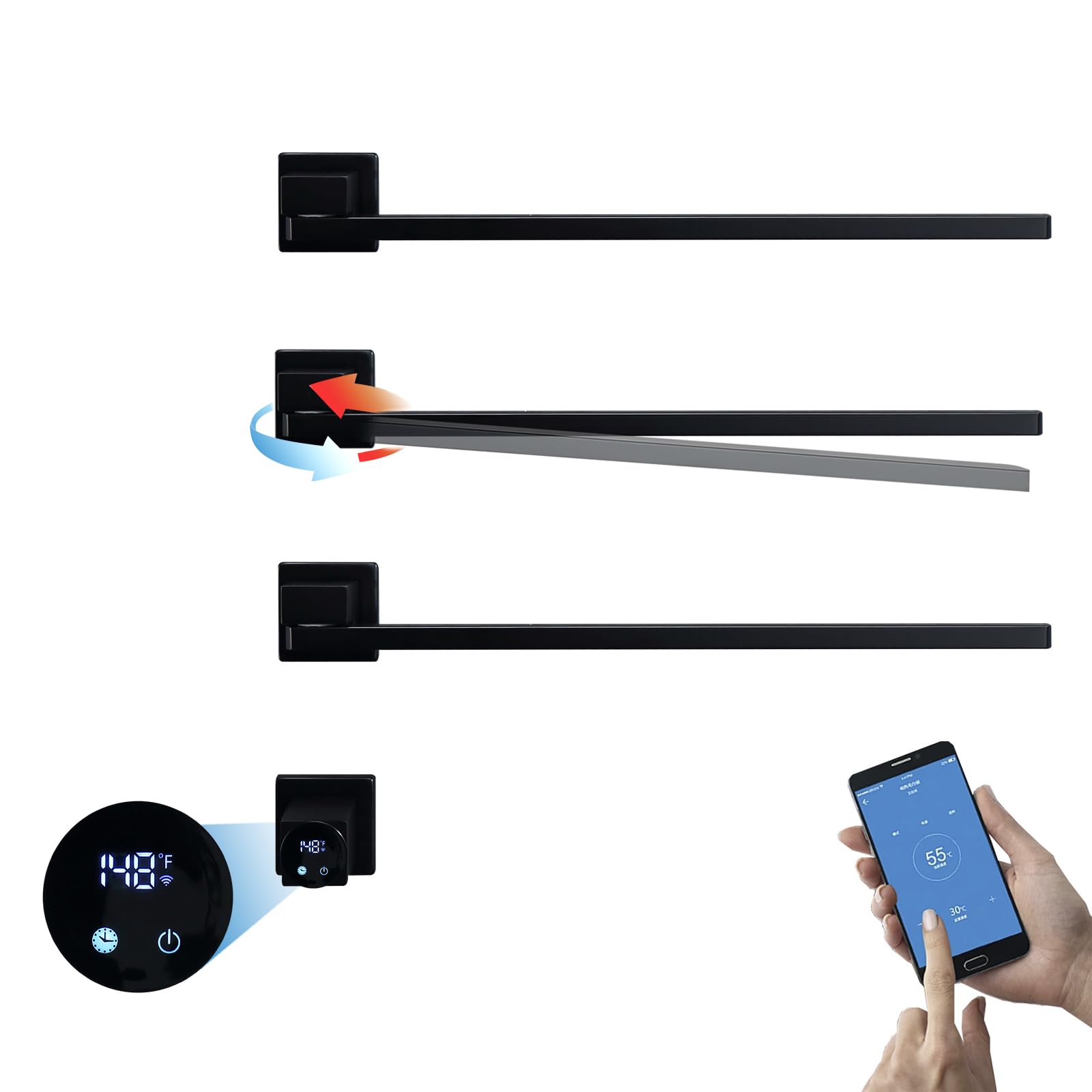 Heated Towel Rack, Digital Display Towel Warmer 180° Swivel Radiator ...