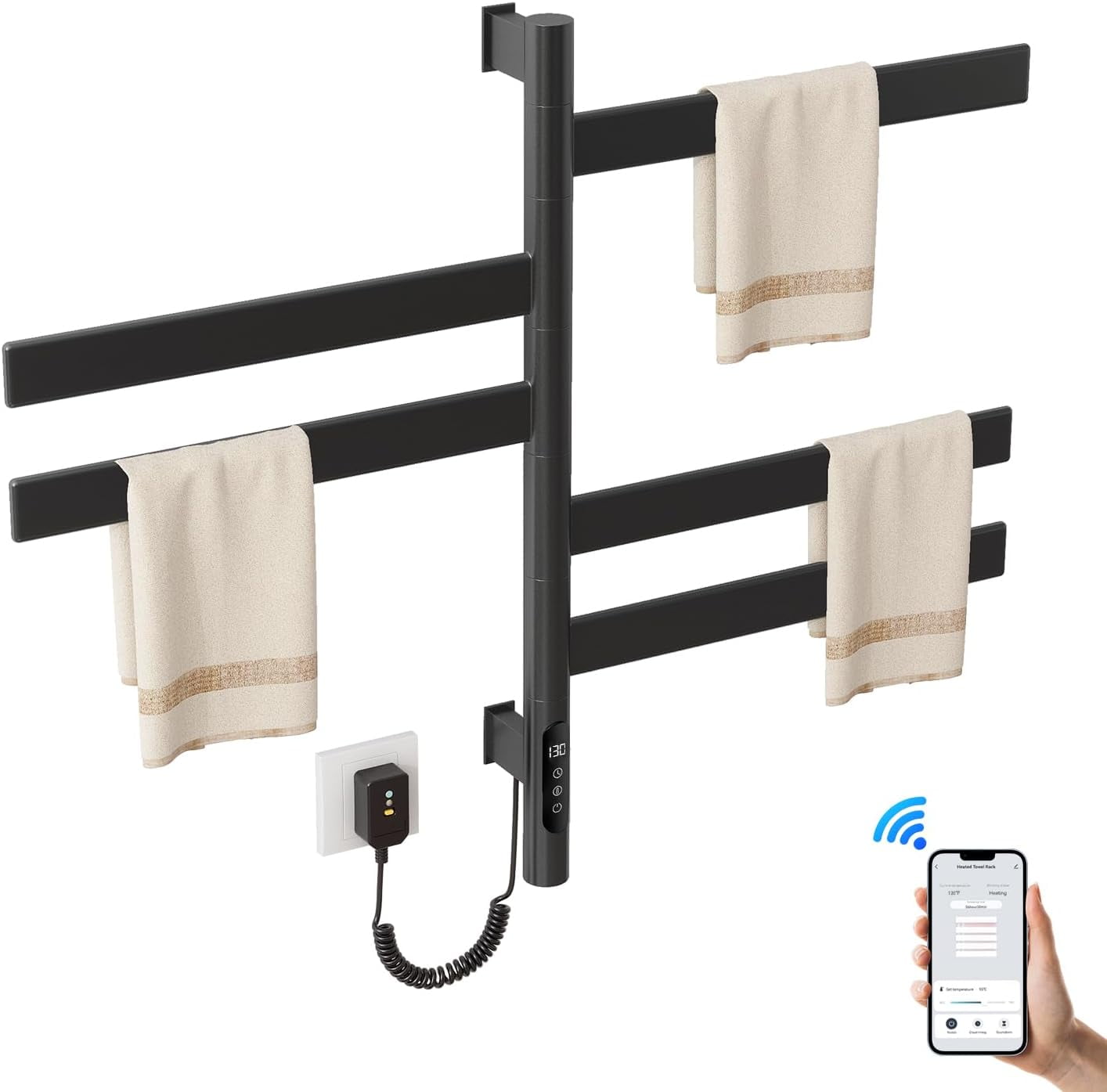 Black Heated Towel Rack,Wall Mounted Towel Warmer Swivel with Timer ...