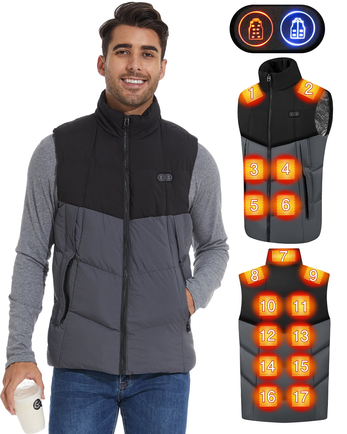 Heated Vest for Men Women - Upgrade 17 Heating Zones Electric USB ...