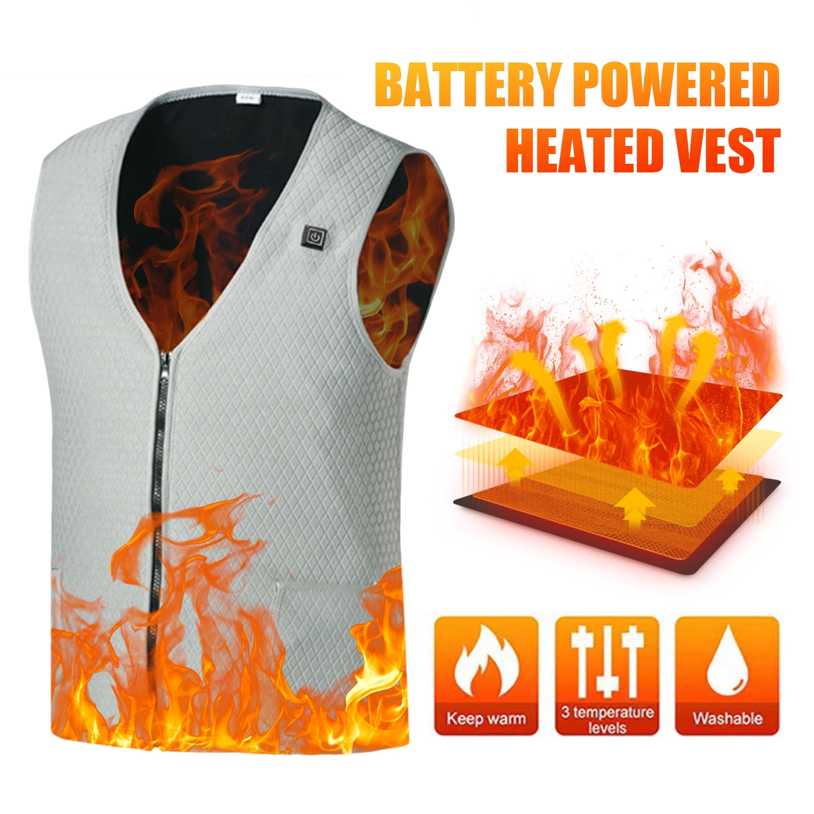 Heated Vest V-Neck Sleeveless Electric Waistcoat Battery Powered Jacket ...