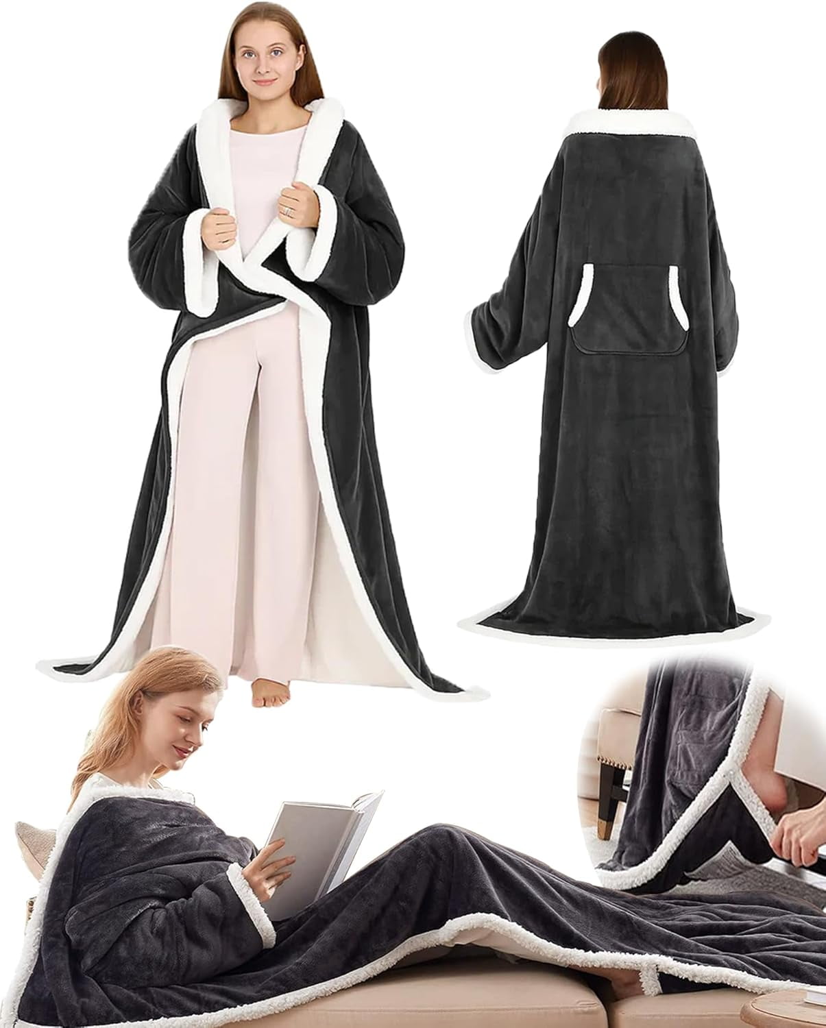 Heated Wearable Blanket with Foot Pockets & Sleeves, Electric Sherpa ...