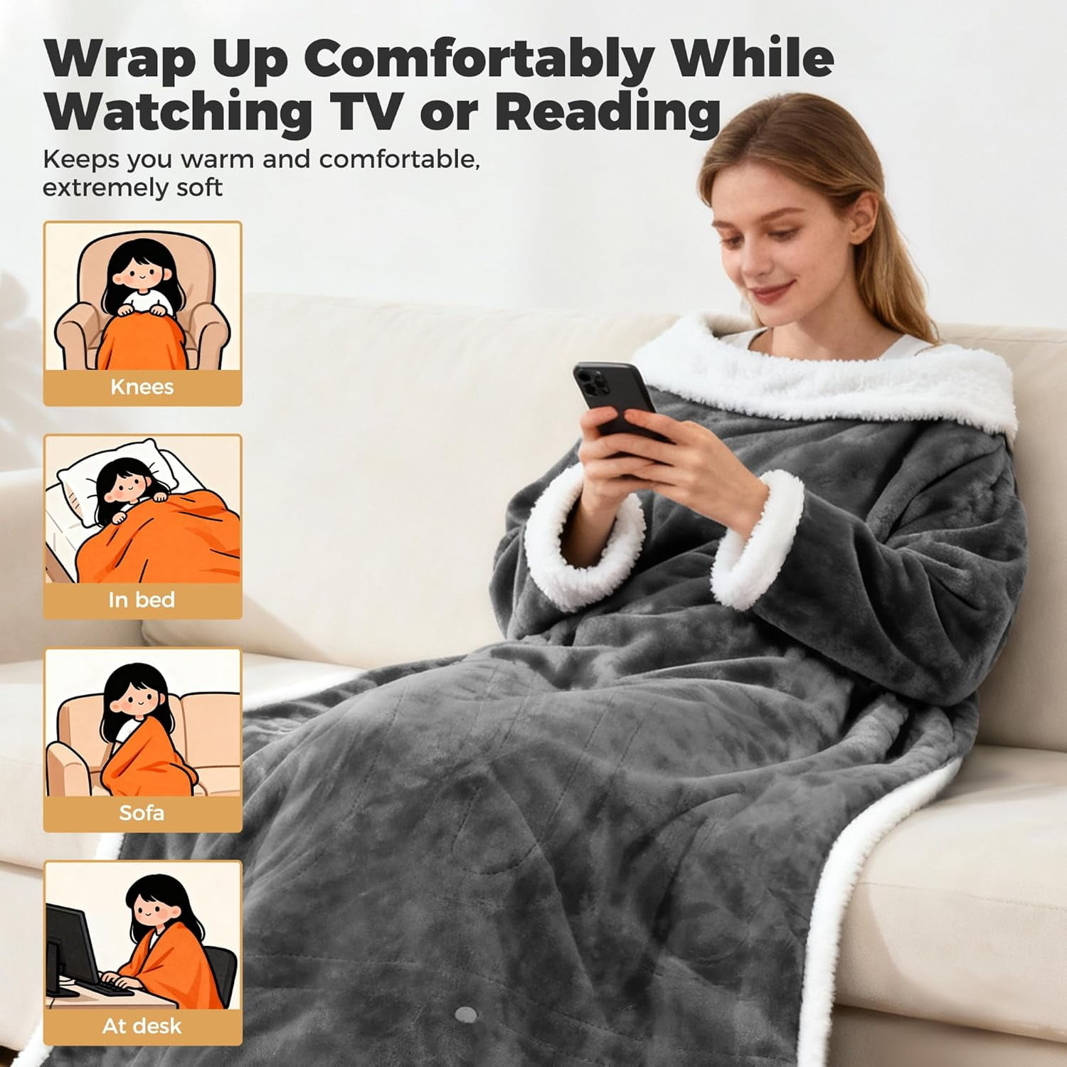Heated Wearable Blanket with Sleeves & Foot Pocket – Electric Sherpa ...
