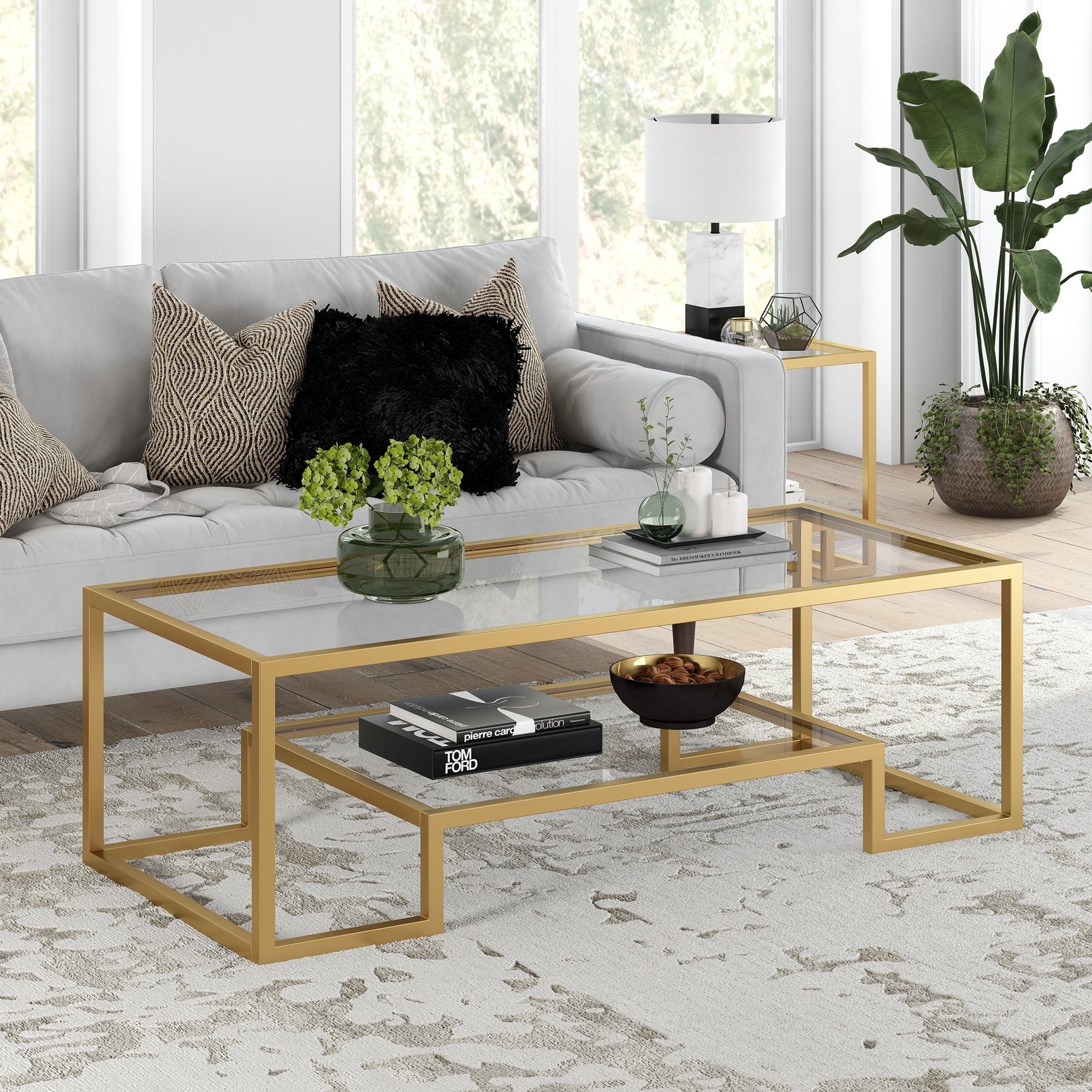 Heath & Cliff Artemis Contemporary Metal and Glass Coffee Table 54 ...