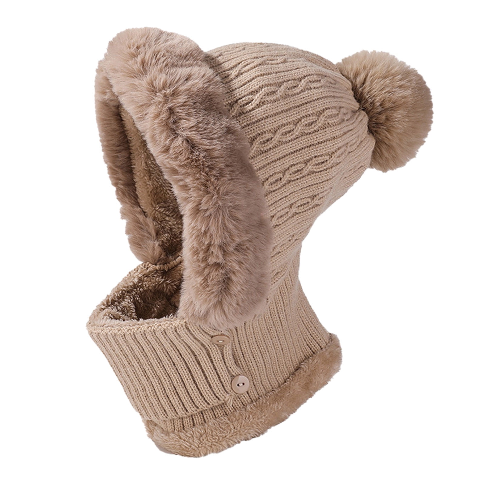 Heating&warming Winter Knit Scarf Set Thick Lined Cap Ear Ski Hat Pom ...