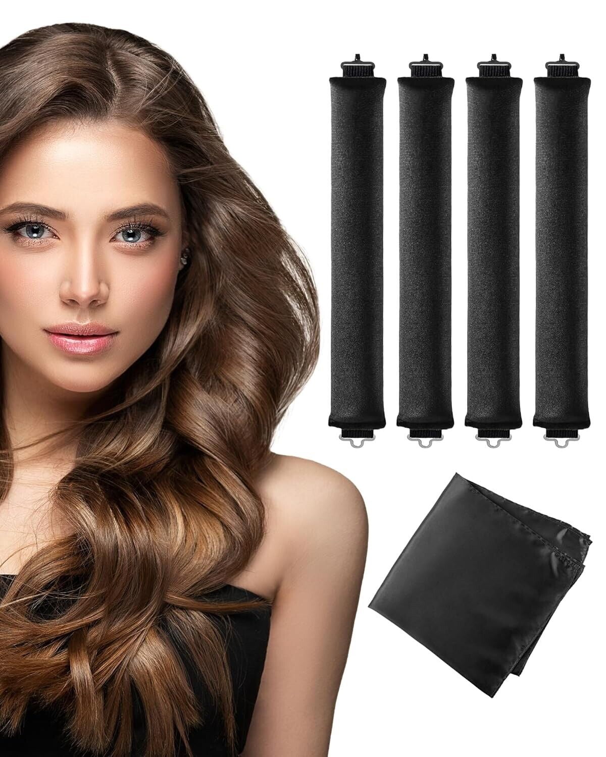 Heatless Hair Curler Rods Set 4Pcs Velvet Foam Hair Rollers and Satin ...