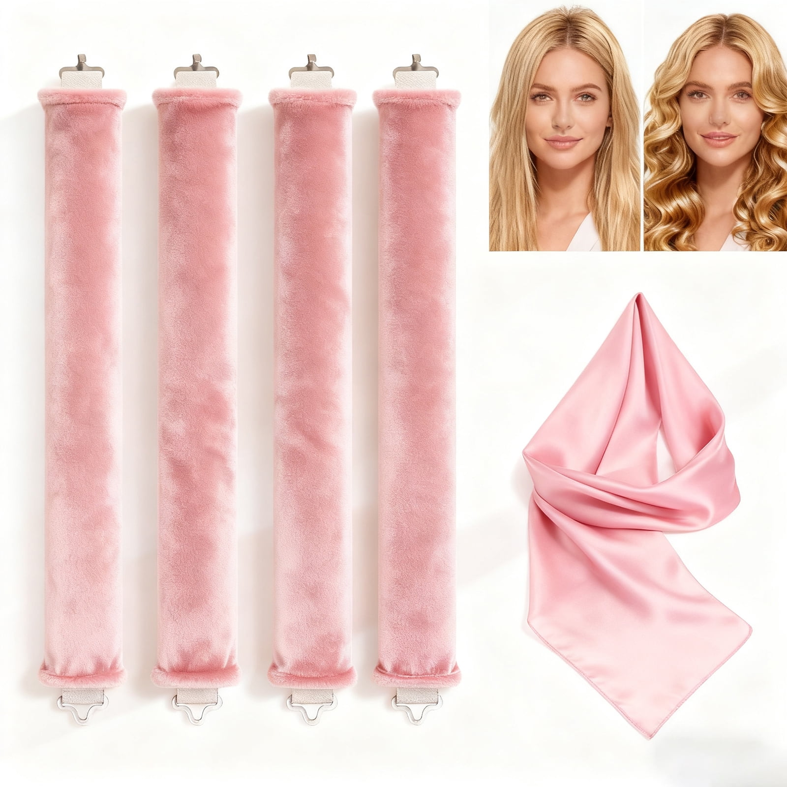 Heatless Hair Curlers 4-Piece Set with Satin Scarf - Overnight Velvet ...