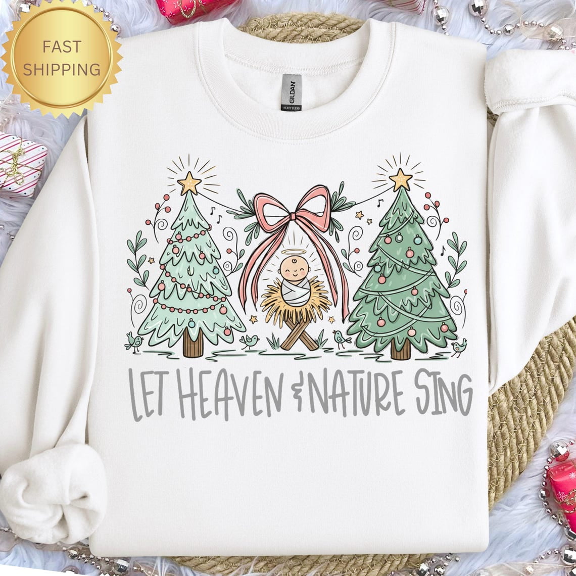 Heaven And Nature Sing Shirt, Whimsical Christian Nativity Bow ...