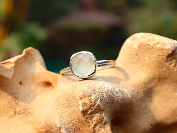 Heaven Crafts 925 Sterling Silver Cut Aqua Chalcedony Ring Square Shape ...