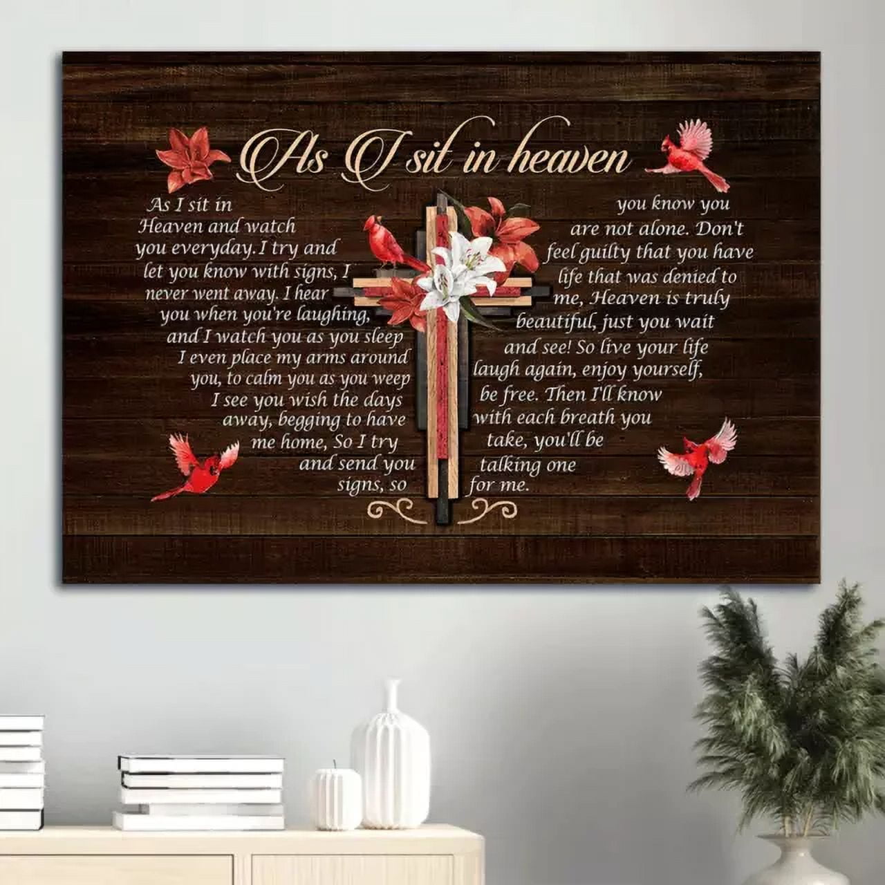 Heaven Poster - Big Cross, Lily Flower Painting, Red Cardinal Poster ...