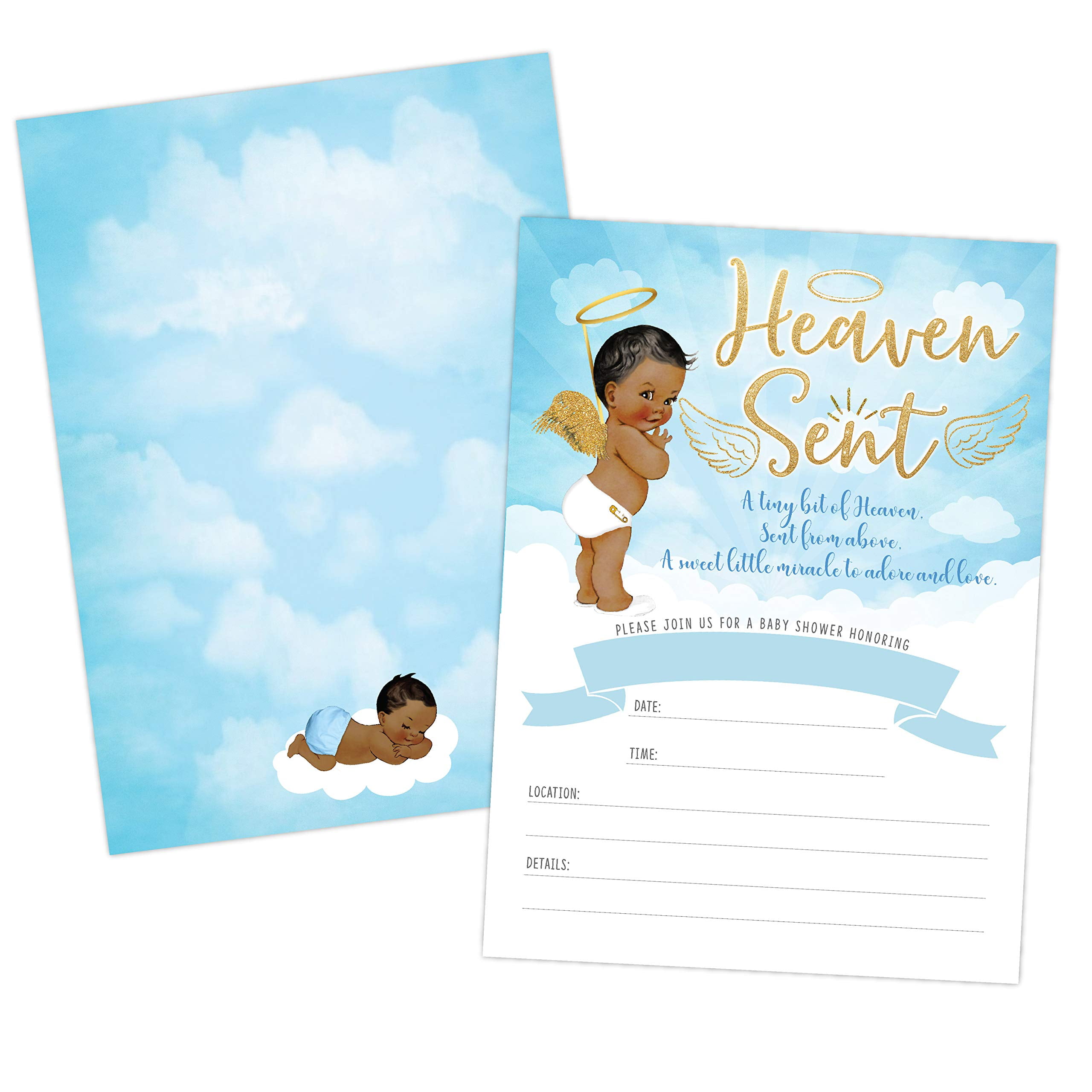 Heaven Sent Boy Baby Shower Invitation - African American Cute Clouds ...