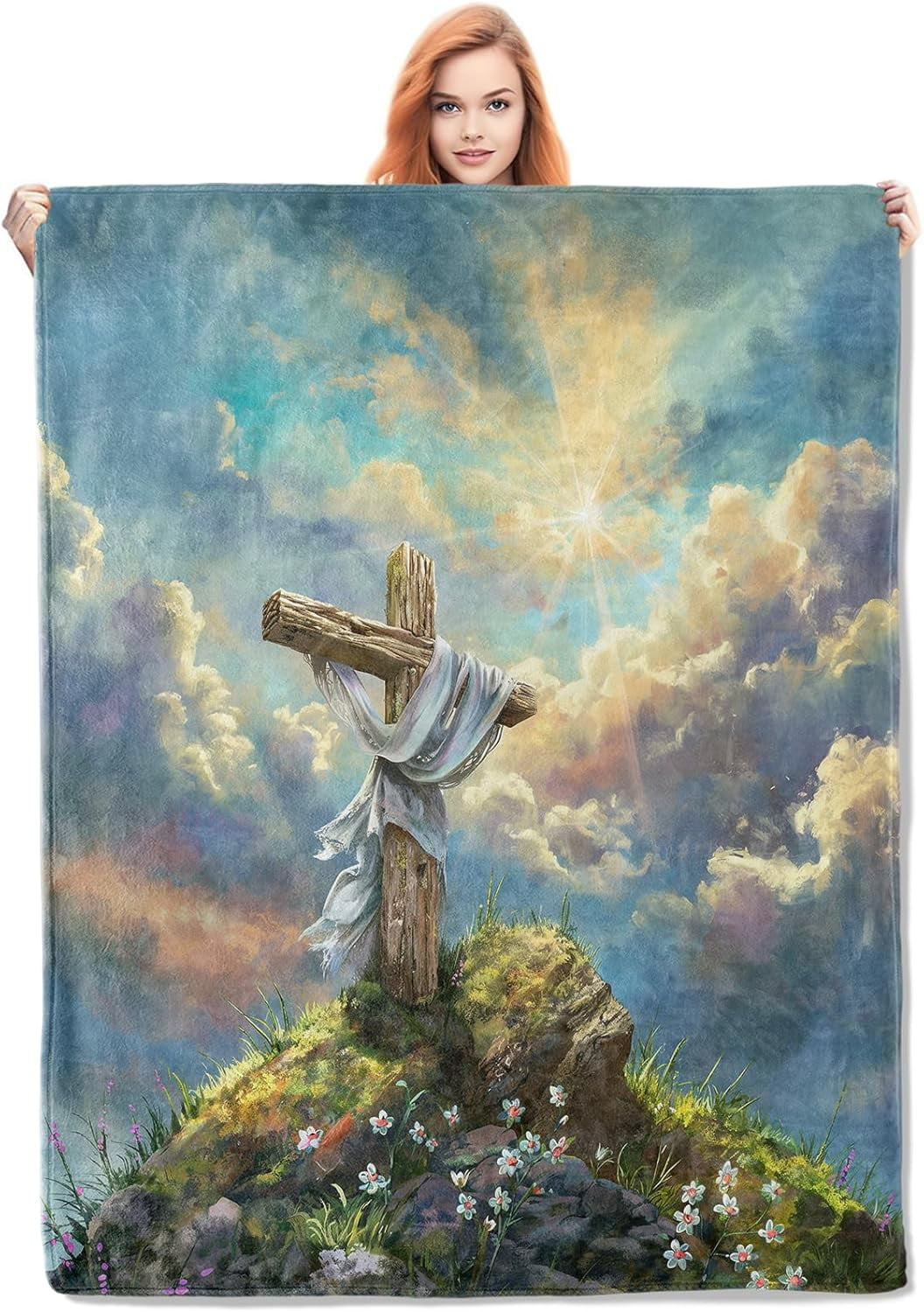 Heavenly Light Cross Throw Blanket - Serene Christian Scene with Shroud ...