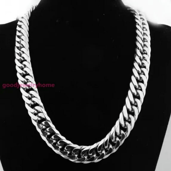 Heavy 20mm Silver Cut Curb Cuban Link Chain 316L Stainless Steel Men's ...