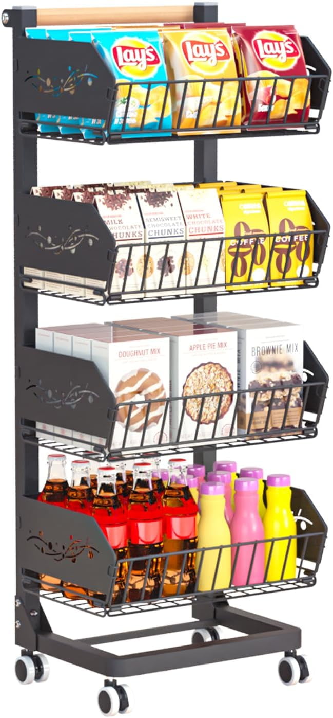 Heavy 4-Tier Snack Cart with Wheels ，Rolling Pantry Floor Organizers ...