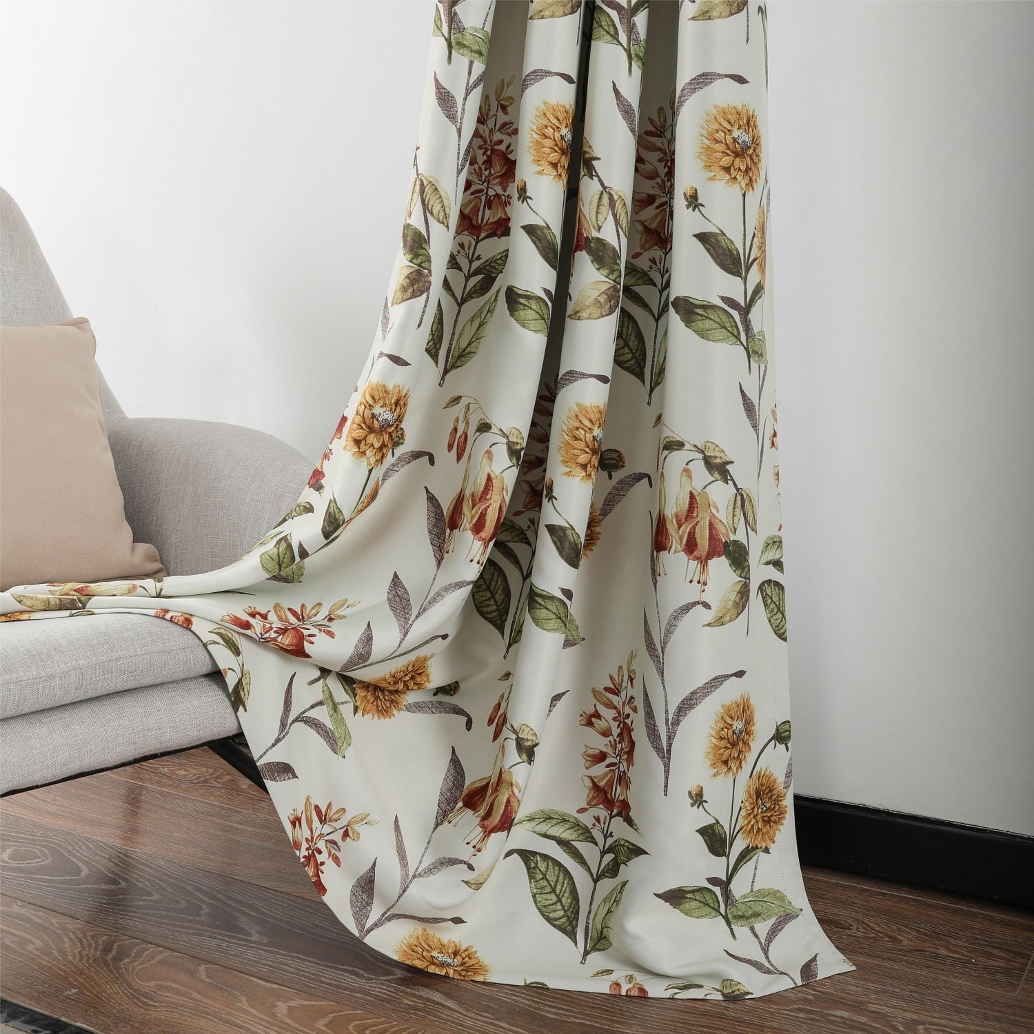 Vogol Heavy Curtains For Living Room Flowers Print Unlined Light Blocking Grommet Window Panels