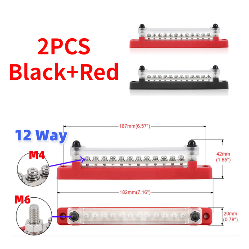 Heavy Duty 12V Power Distribution Block 250A Terminals Bus Bar M6 M8 Battery Positive Negative ...