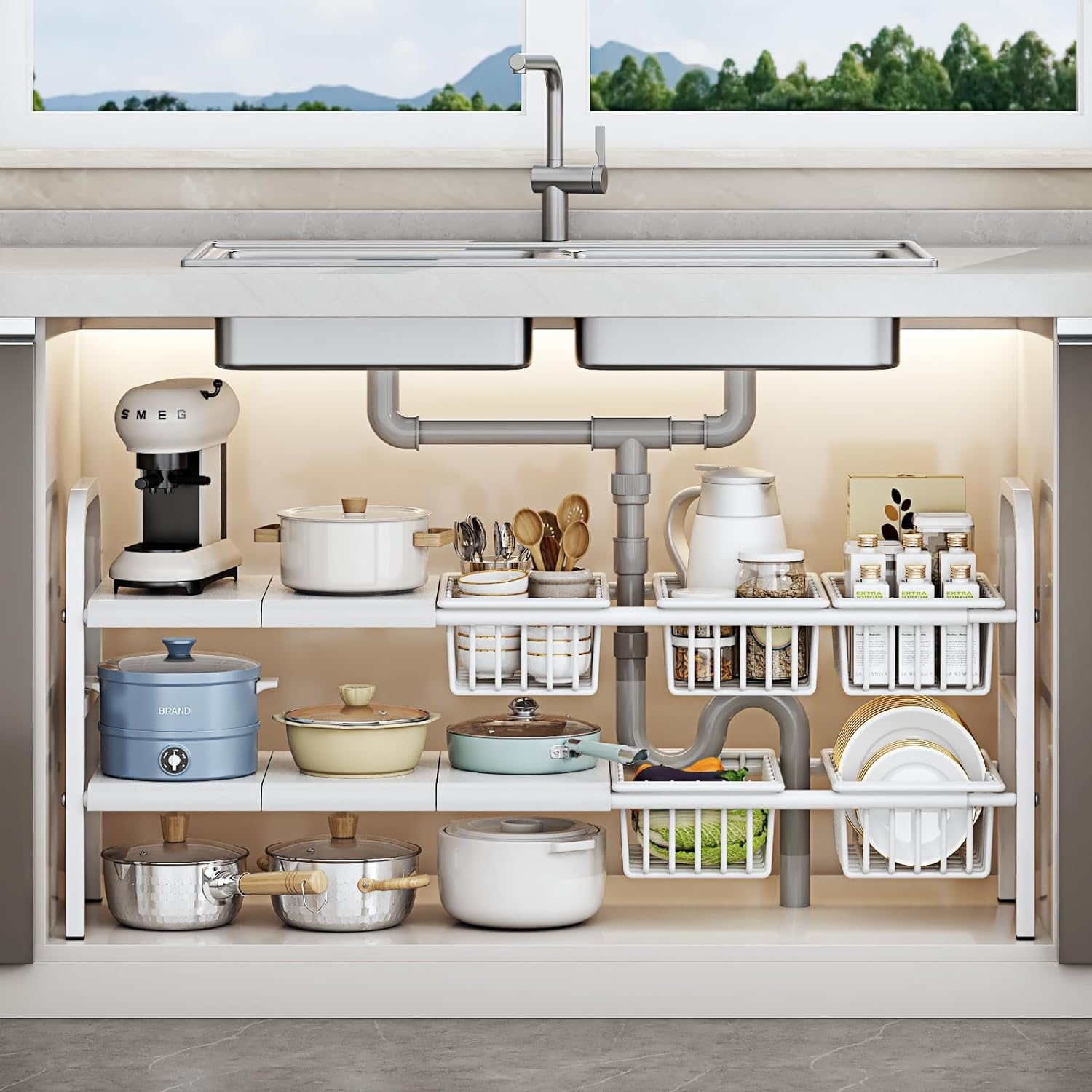 Heavy-Duty 2-Tier Expandable Metal Shelf - Under Sink Organizer with 5 ...