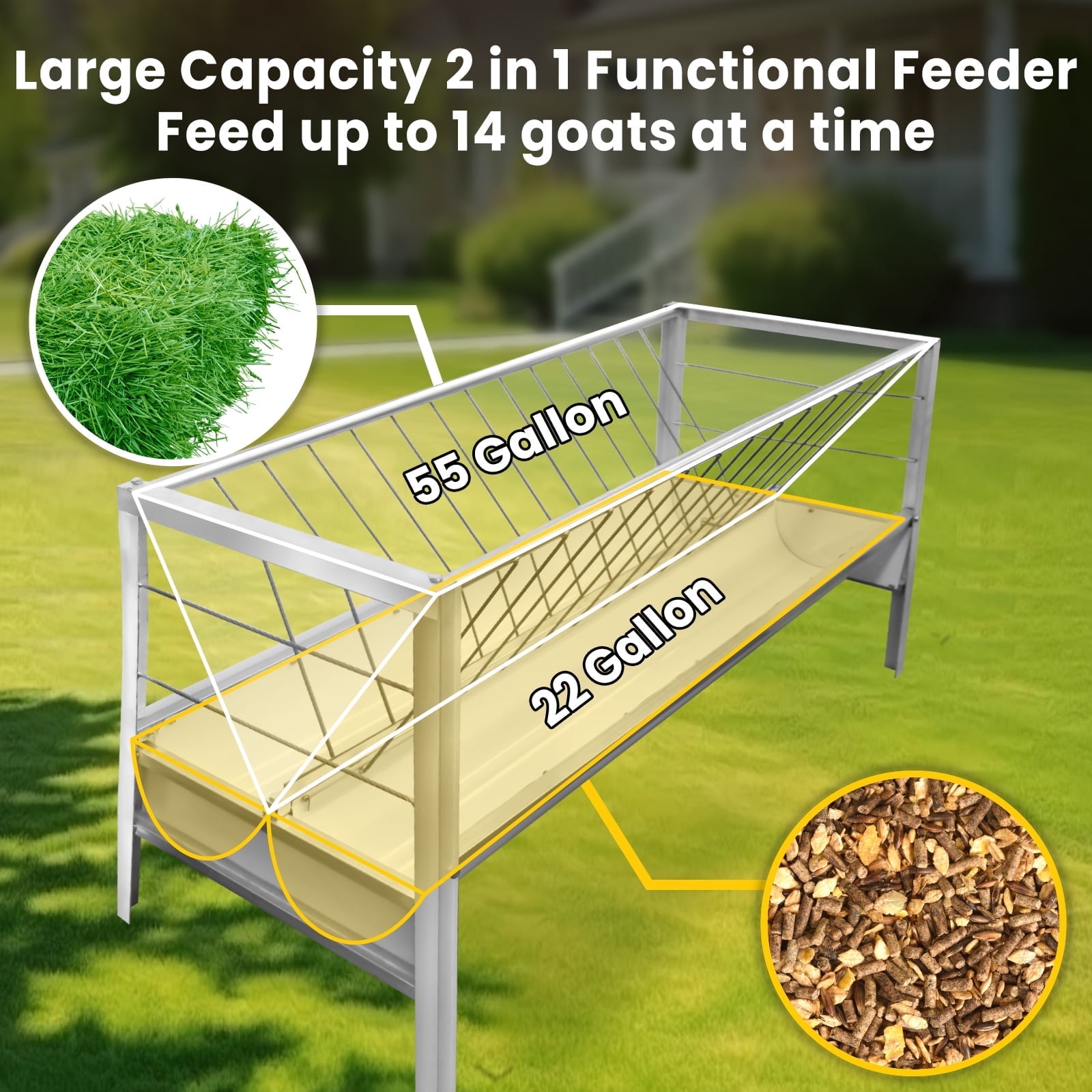 Heavy Duty 2-in-1 Goat Feeder - 77 Gallon Galvanized Steel Hay Feeder for Sheep, Horses & Farm ...