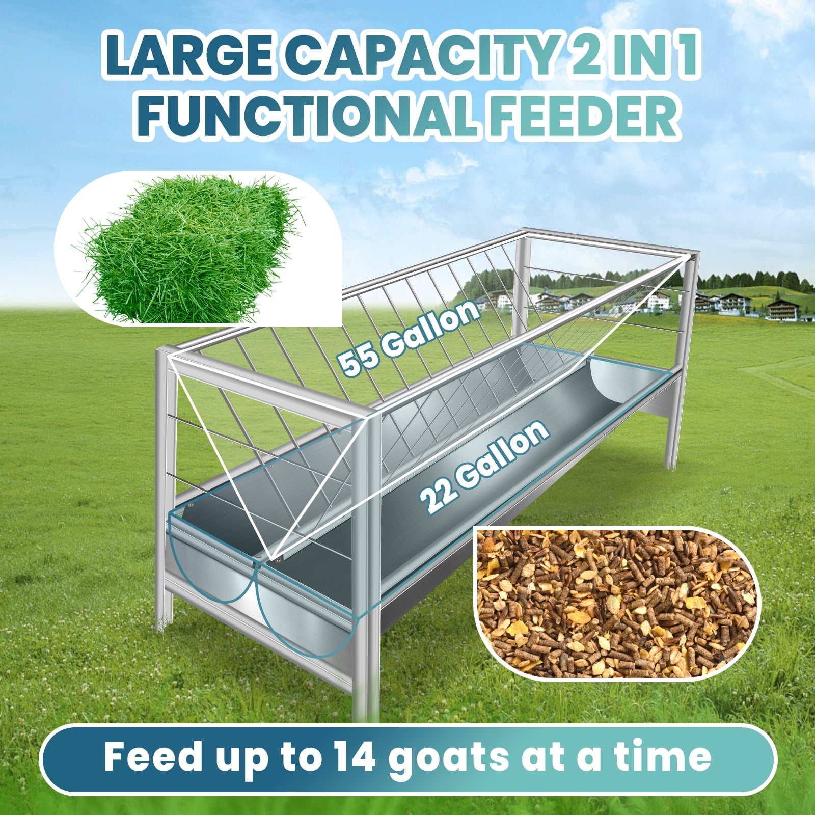 Heavy Duty 2-in-1 Goat Feeder - 77 Gallon Stainless Steel Hay Feeder for Sheep, Horses & Farm ...