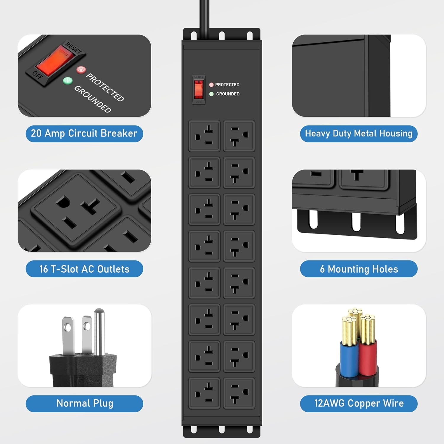 Heavy Duty 20 Amp Power Strip 4800J, 16 Outlets 12 Gauge Garage ...